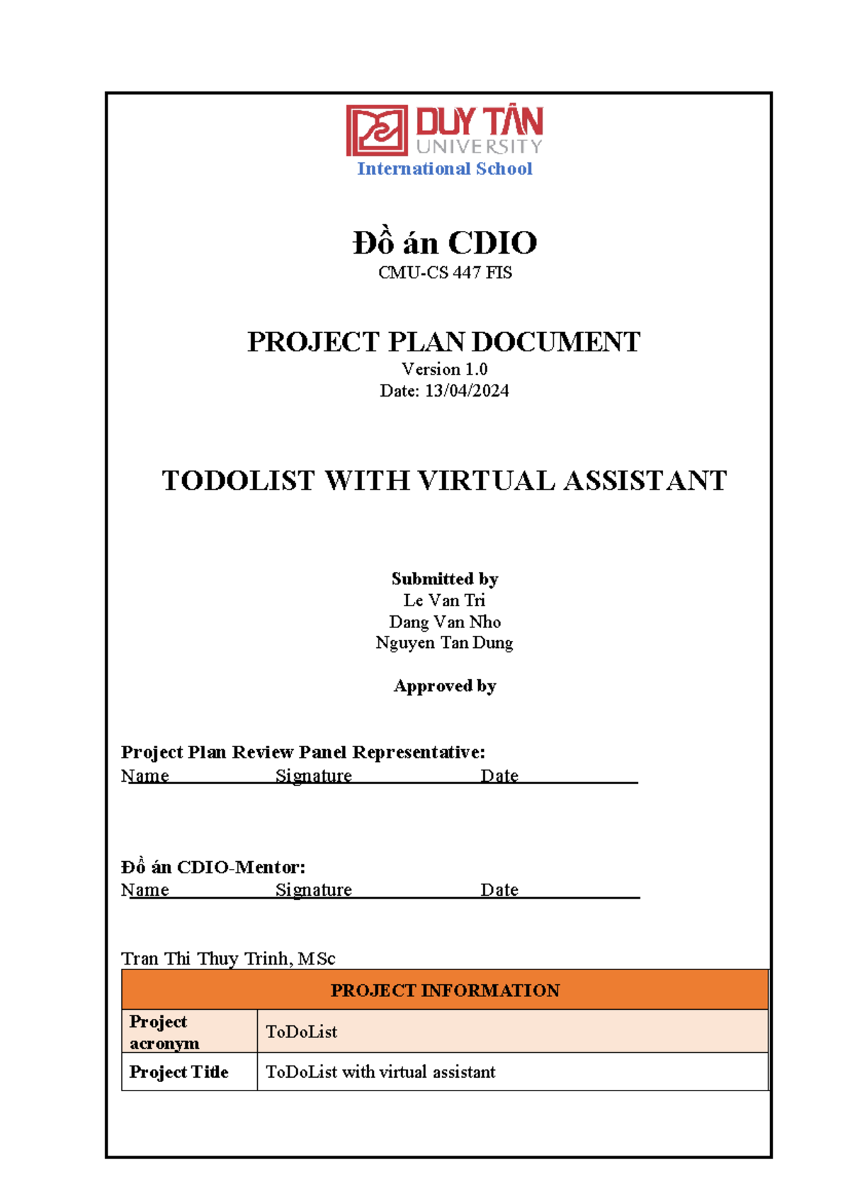 CMU-CS 447 FIS Project Plan Group 5 - International School Đồ án CDIO ...