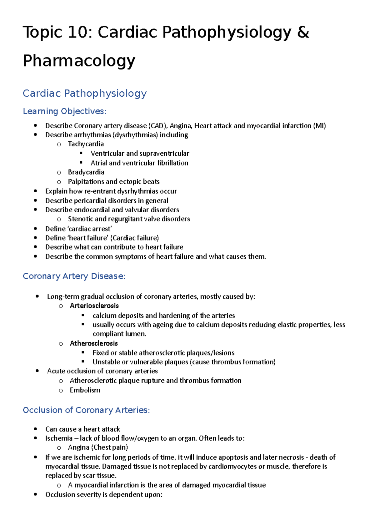 Topic 11 Cardiac patho summary Pathophysiology and pharmacology - Topic ...