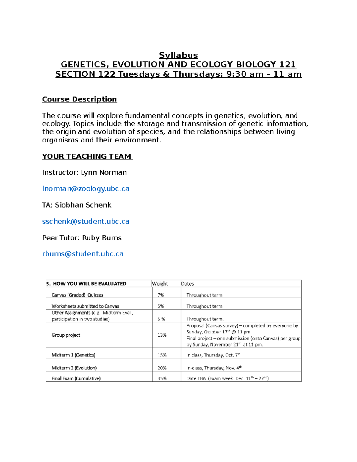 BIOL 121 Syllabus - ... - Syllabus GENETICS, EVOLUTION AND ECOLOGY ...
