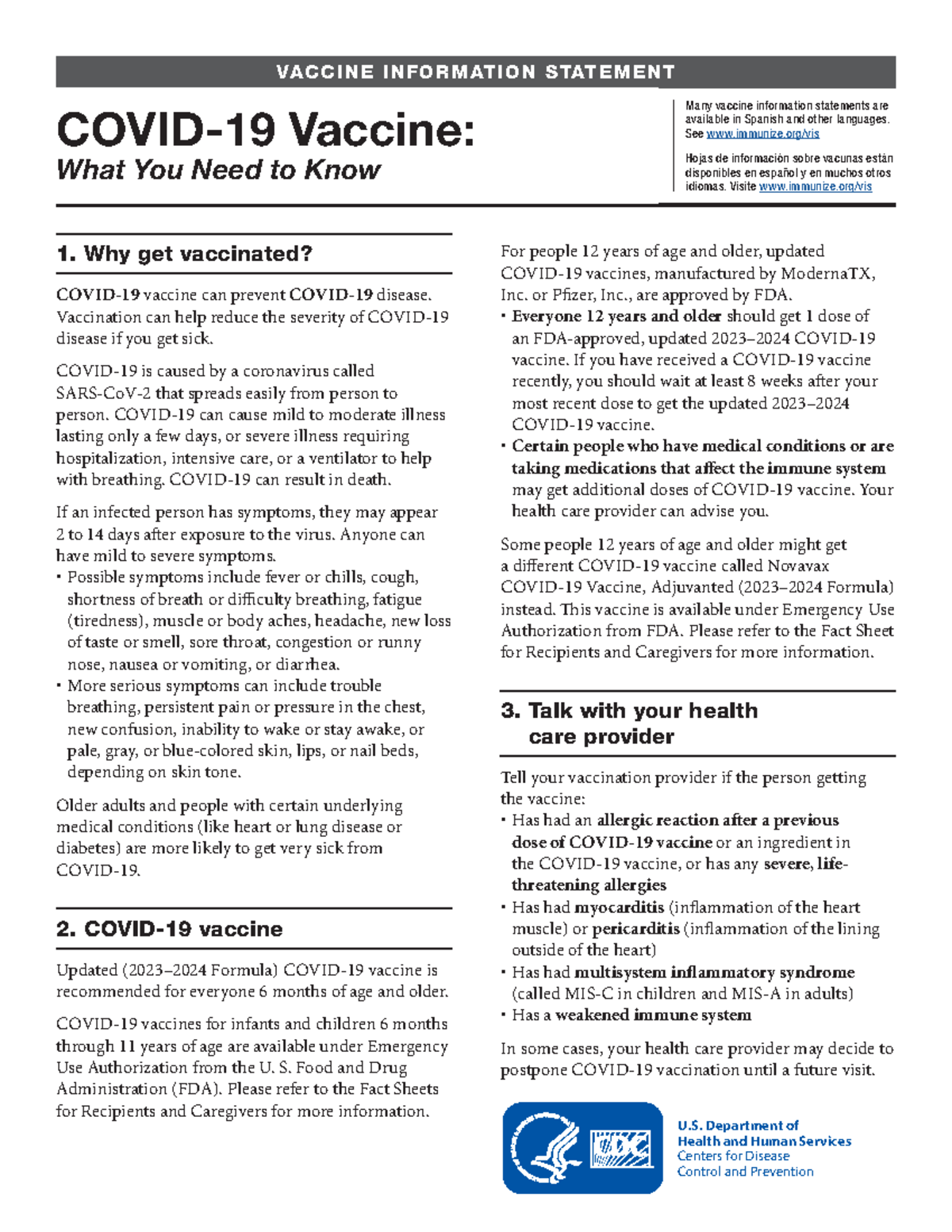 Covid-19 VIS - VACCINE INFORMATION STATEMENT Many vaccine information ...