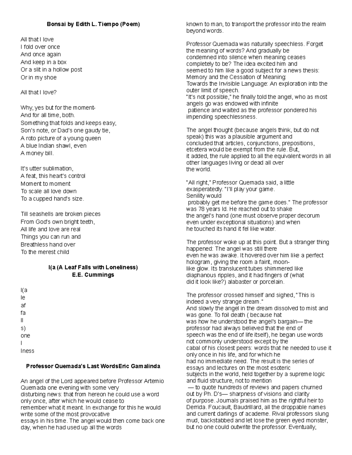 CPEL- Readings - Bonsai by Edith L. Tiempo (Poem) All that I love I ...