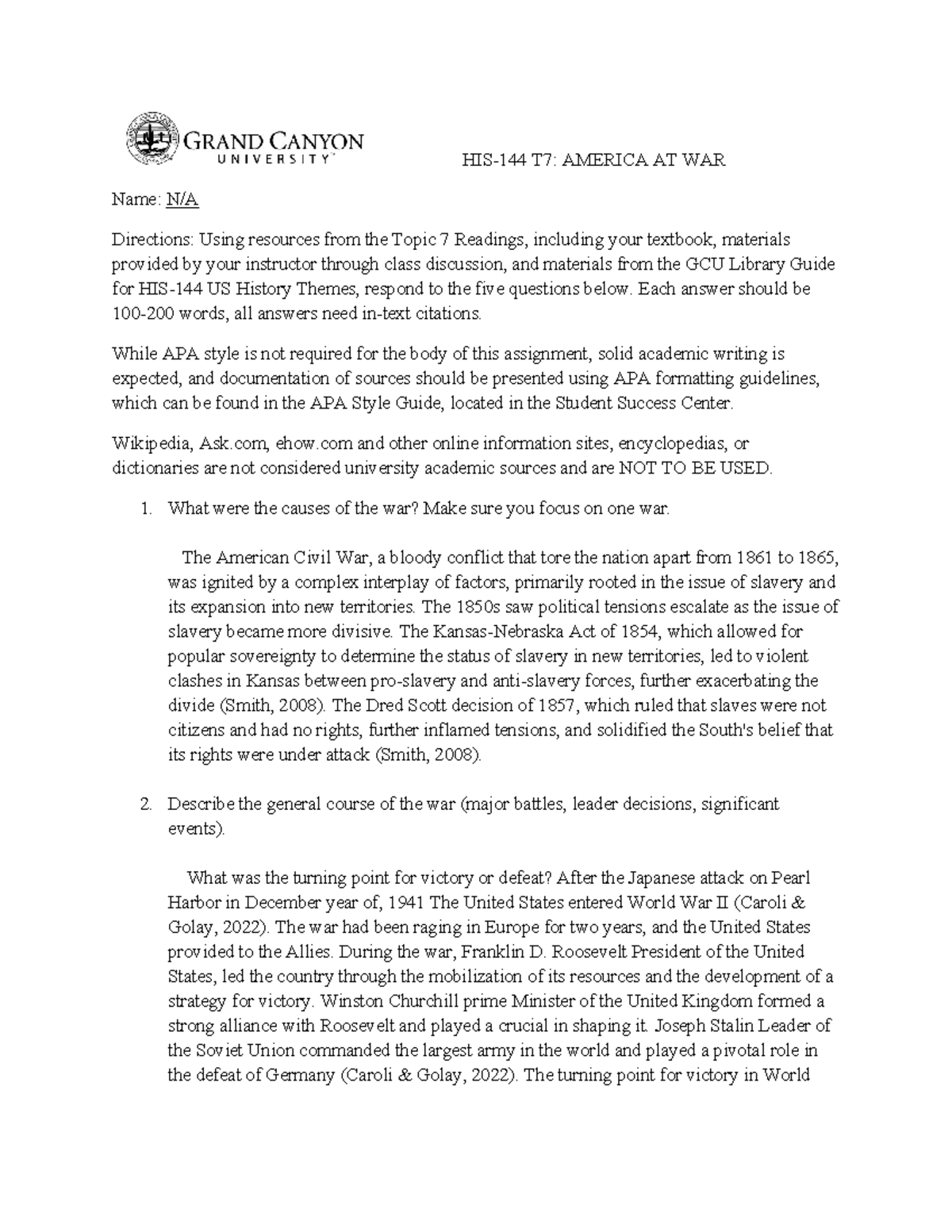 HIS-144-RS-America at War Worksheet - HIS-144 T7: AMERICA AT WAR Name ...