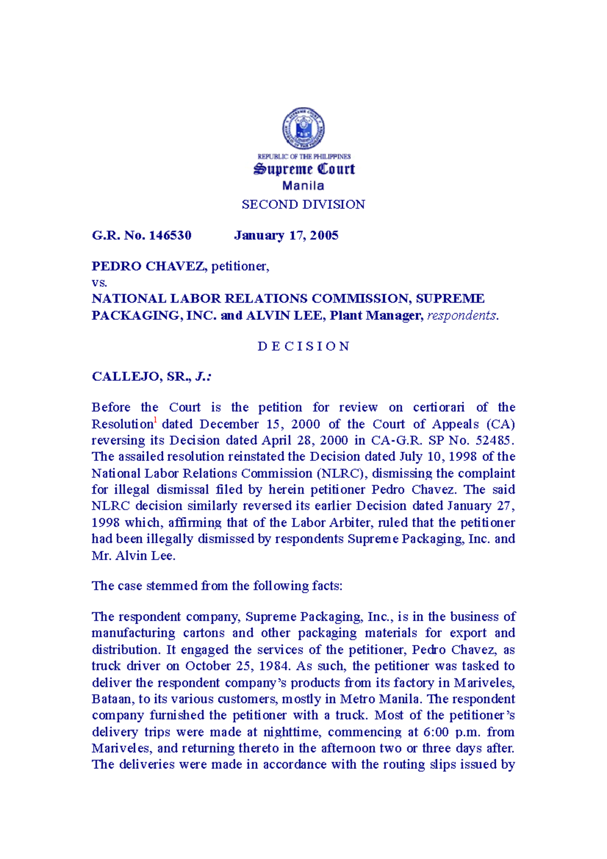 Chavez vs nlrc - case digest - SECOND DIVISION G. No. 146530 January 17 ...