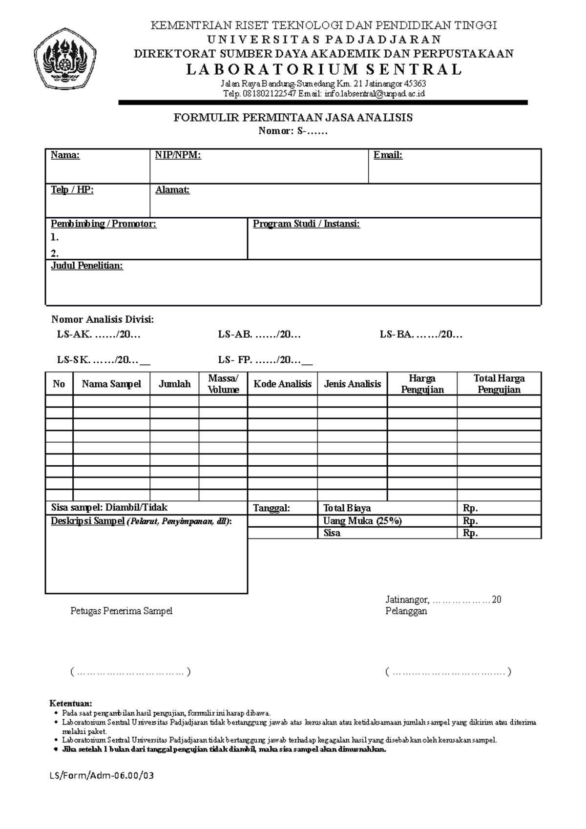 LS.Form .Adm-06 - Ls. Form - FORMULIR PERMINTAAN JASA ANALISIS Nomor: S-...... Nama: NIP/NPM ...