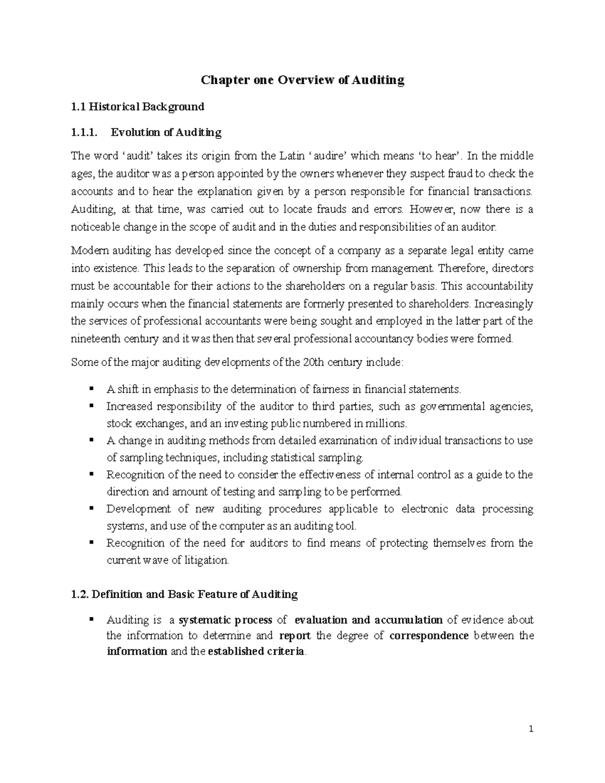 Chapter one Overview of Auditing - 1. Evolution of Auditing The word ...