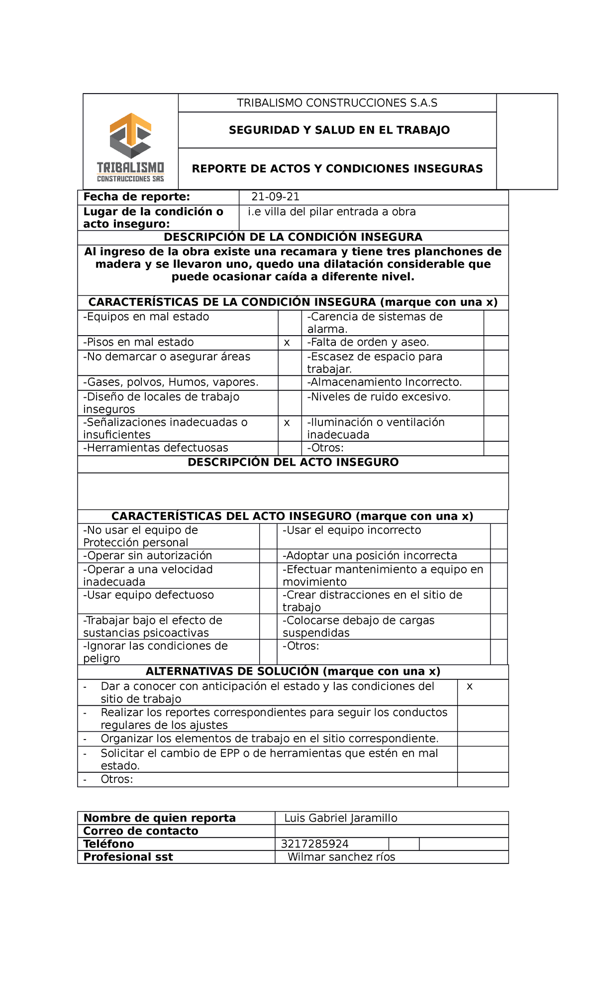Formato Reporte Actos Condiciones Inseguras - TRIBALISMO CONSTRUCCIONES ...