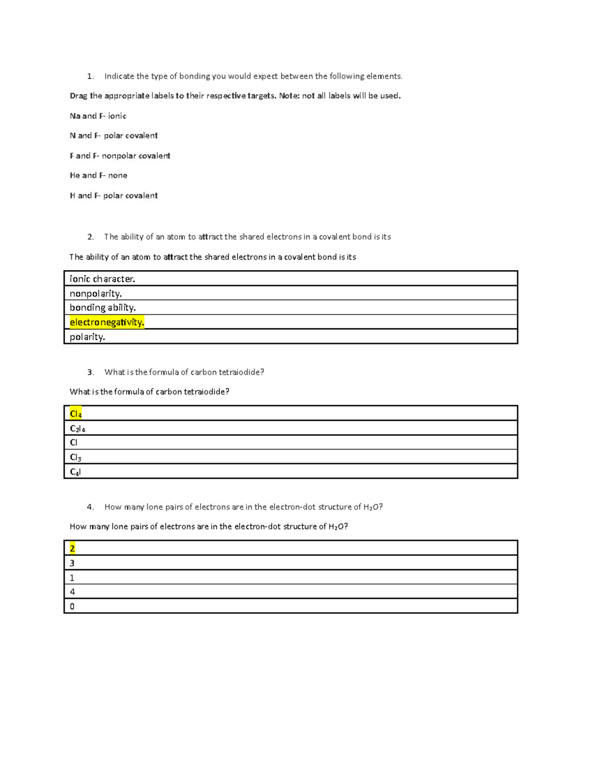 Chemical Bonding Quiz - Studocu