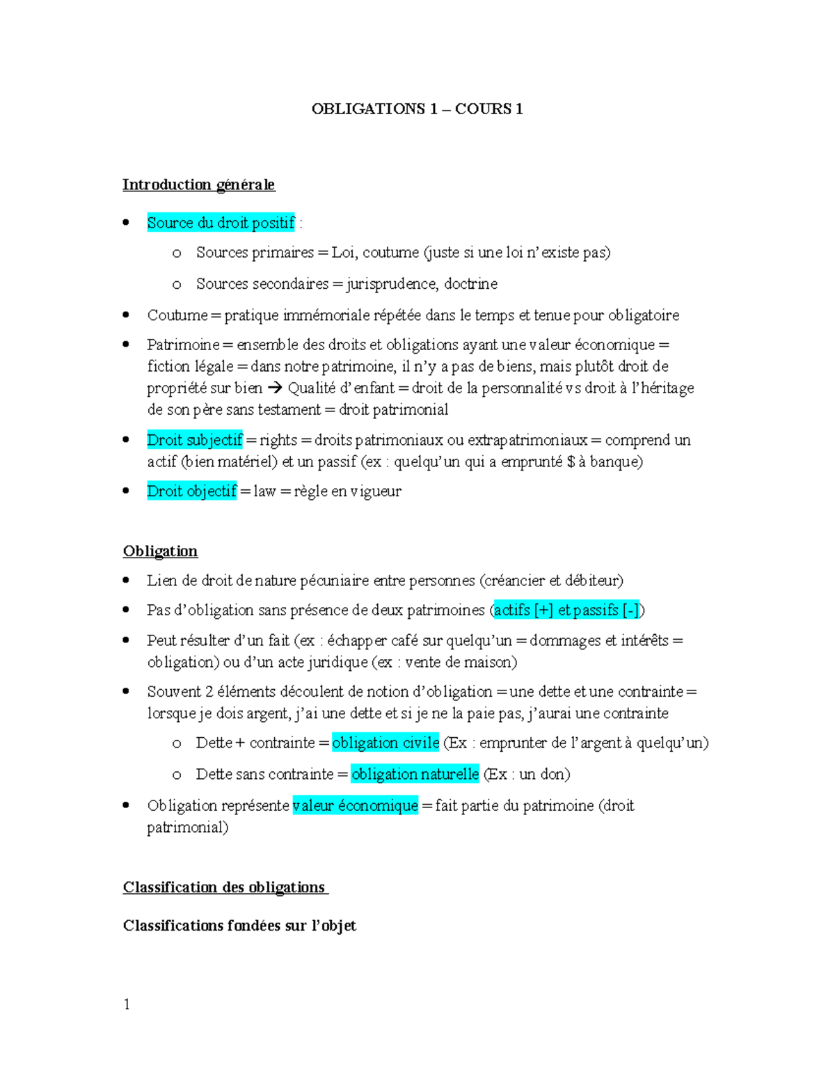 Notes cours 1 (Obligations) - OBLIGATIONS 1 – COURS 1 Introduction ...