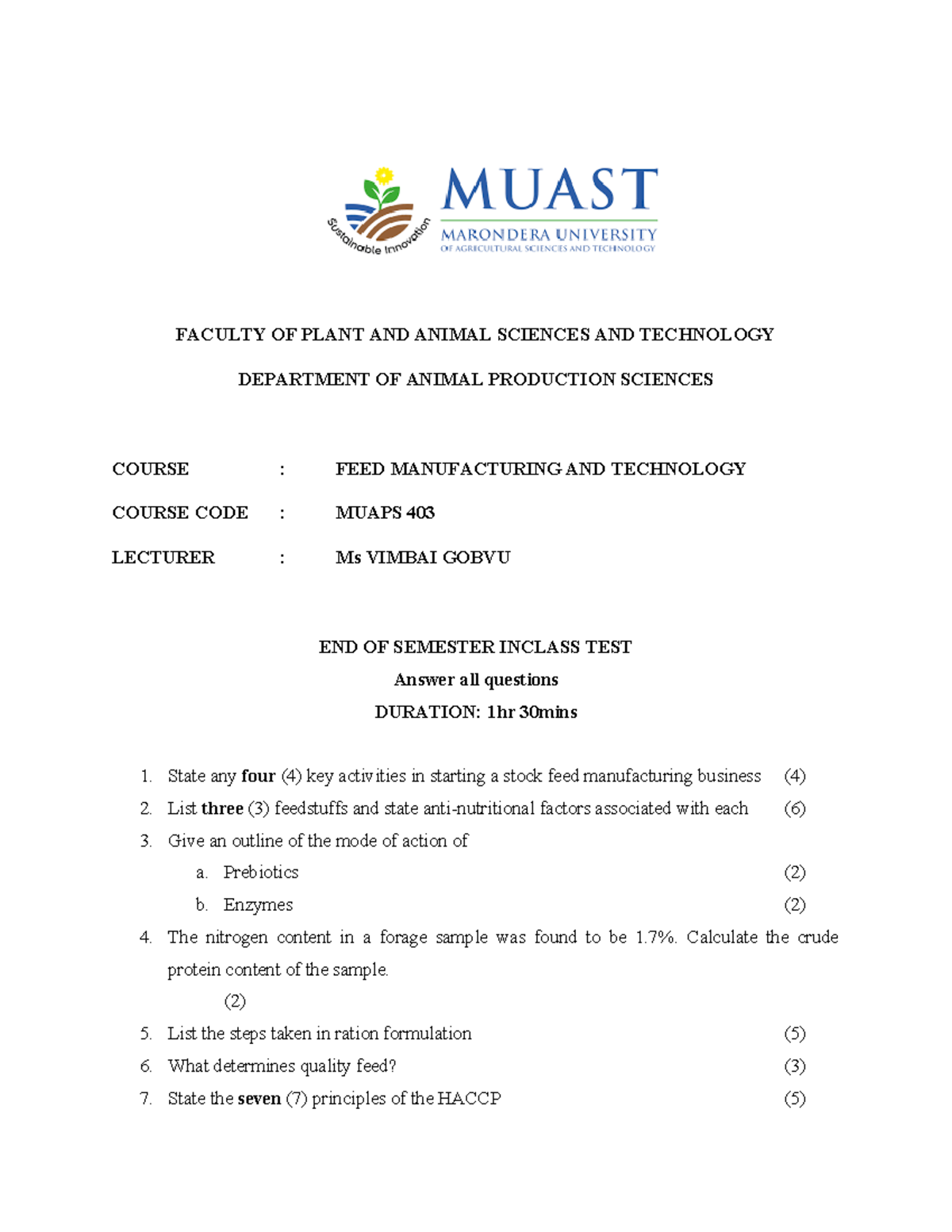 Inclass test Level 4 - FACULTY OF PLANT AND ANIMAL SCIENCES AND ...