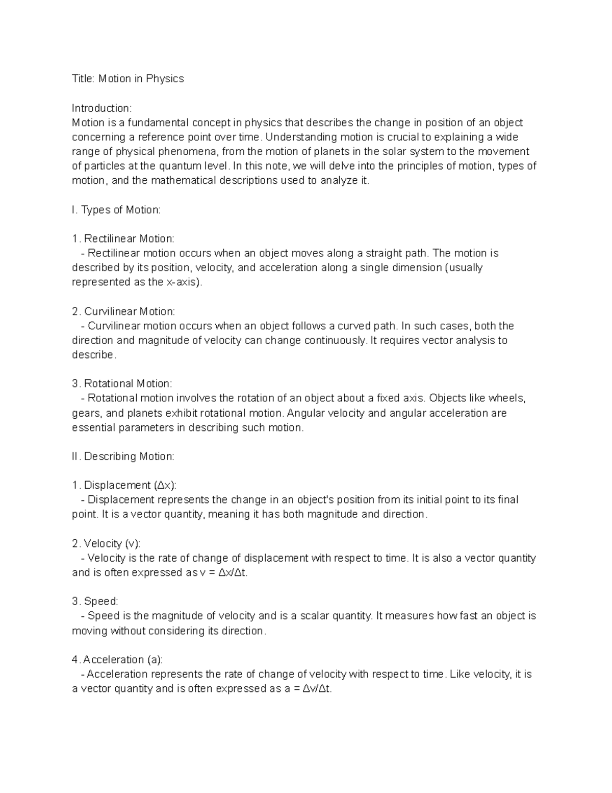 Title Motion in Physics - Title: Motion in Physics Introduction: Motion ...