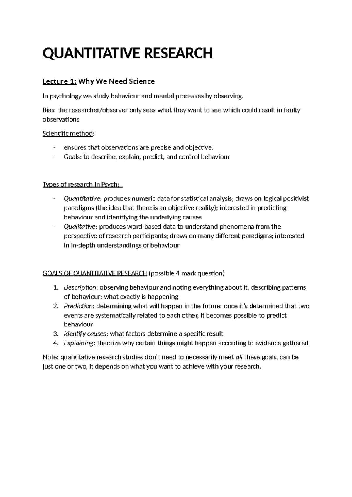 PSY1005S Quantitative Notes - QUANTITATIVE RESEARCH Lecture 1: Why We ...