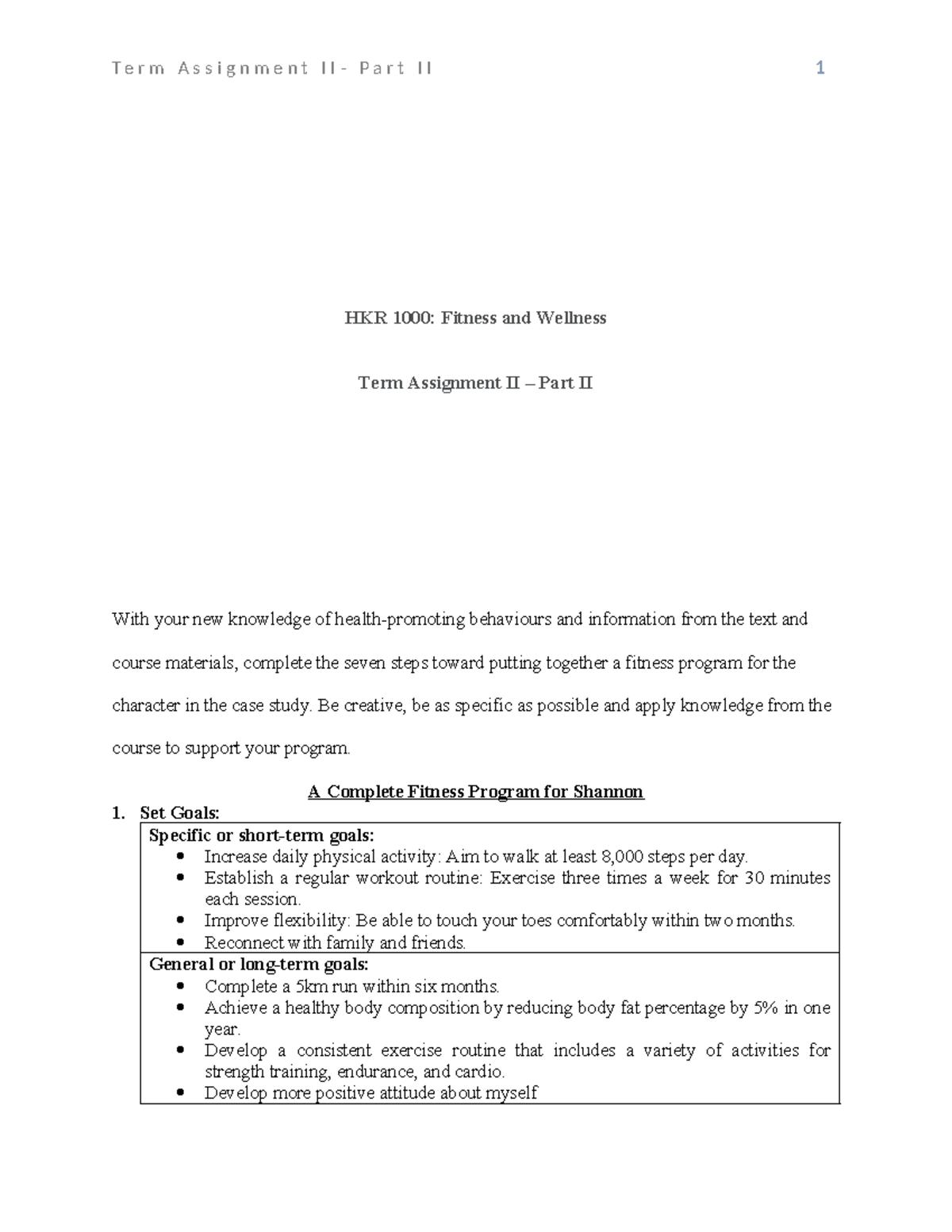 HKR 1000: Fitness and Wellness - Term Assignment II Fitness Program ...