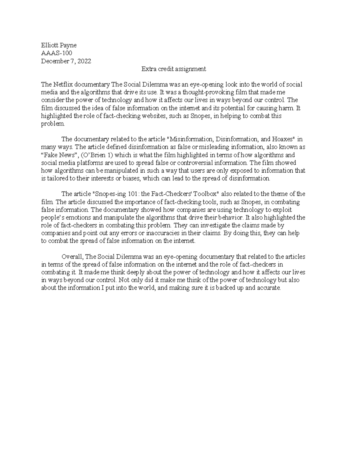 AAAS-100 Extra credit assignment - Elliott Payne AAAS- December 7, 2022 ...