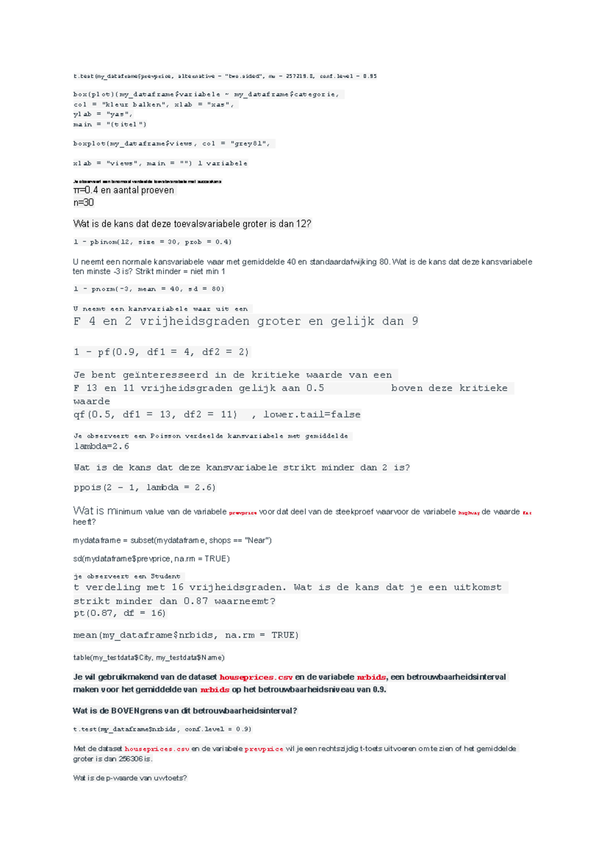 R spiekbrief - hulp voor R tentamen - t(my_dataframe$prevprice ...