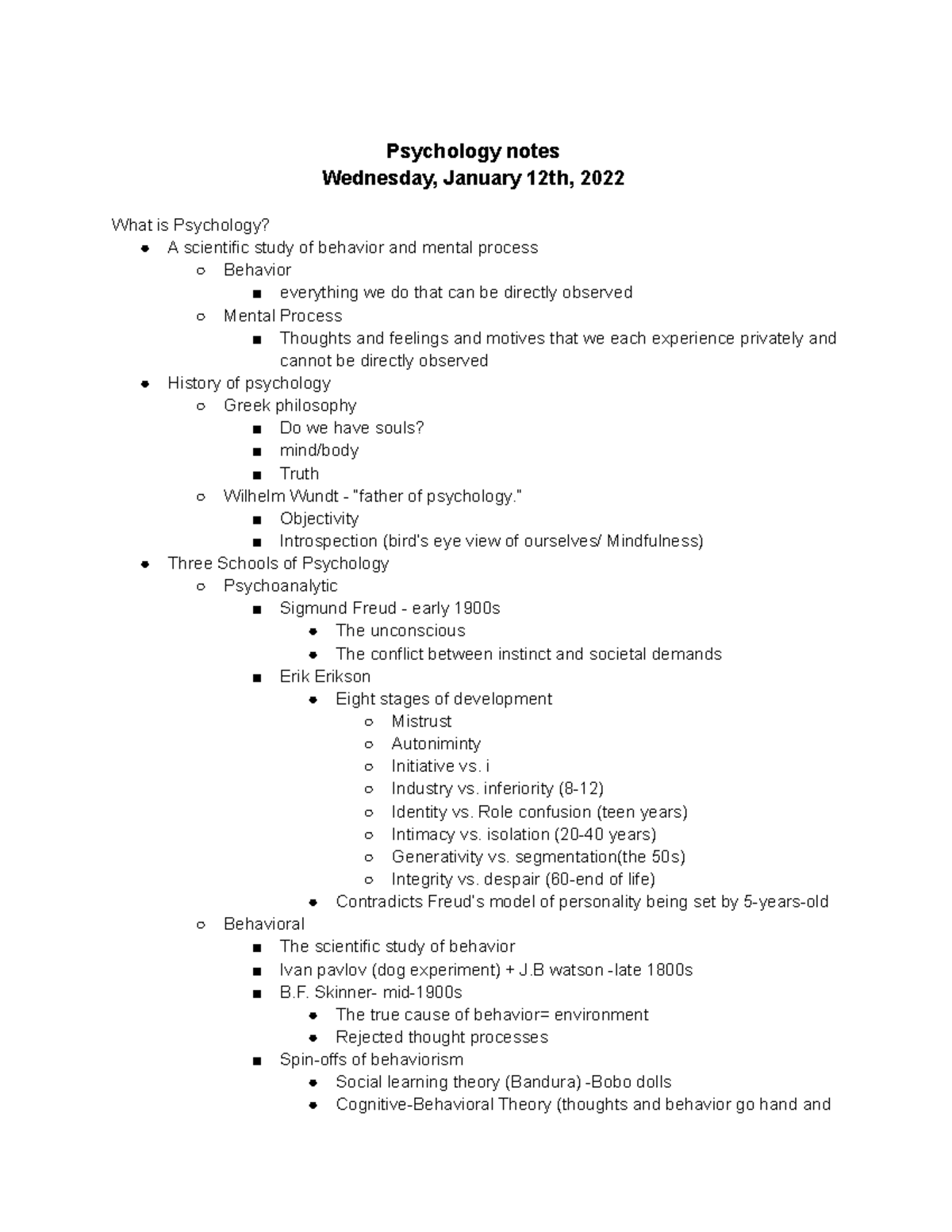 Psychology notes - PSY-150 Prof. Metz - Psychology notes Wednesday ...