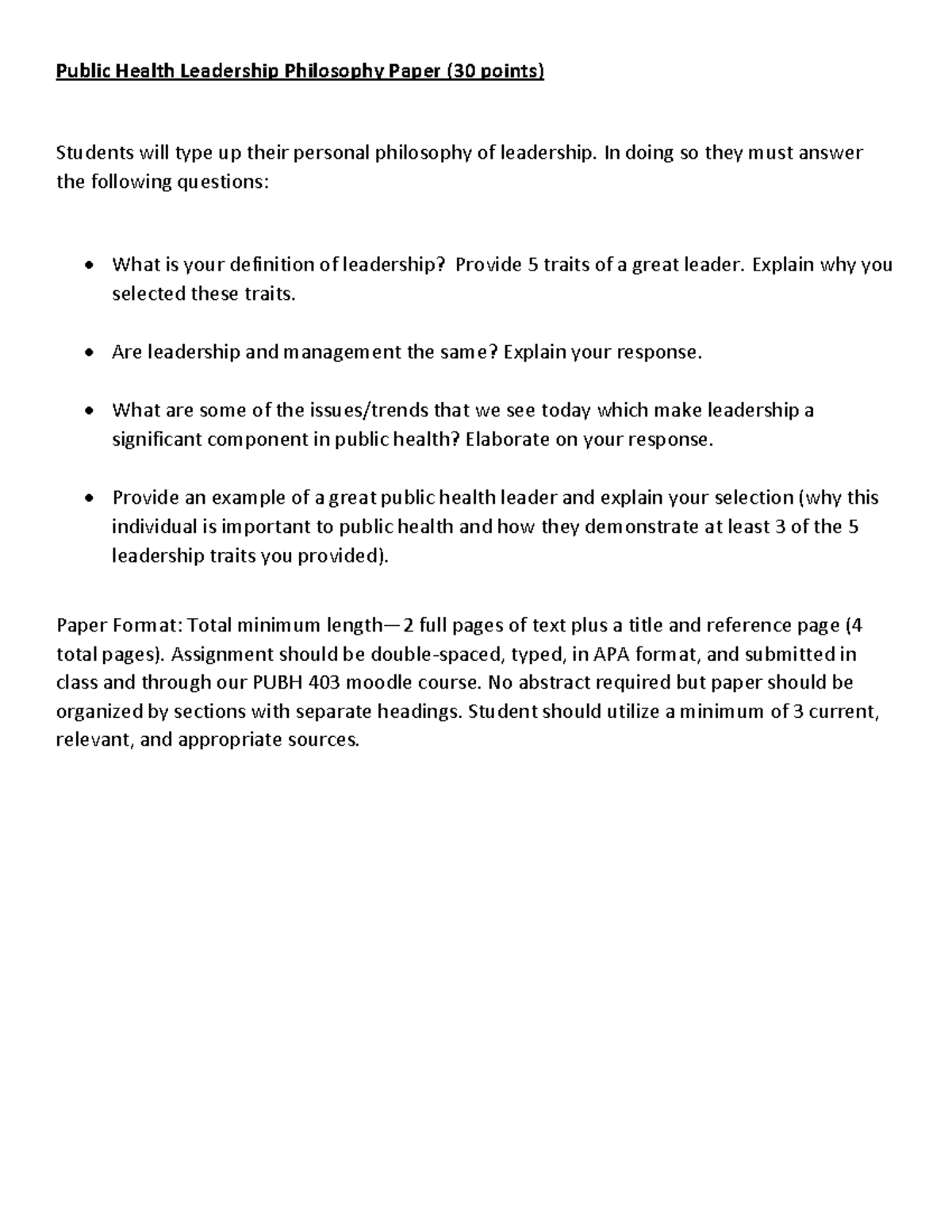 Leadership paper - Grade: A - Public Health Leadership Philosophy Paper ...