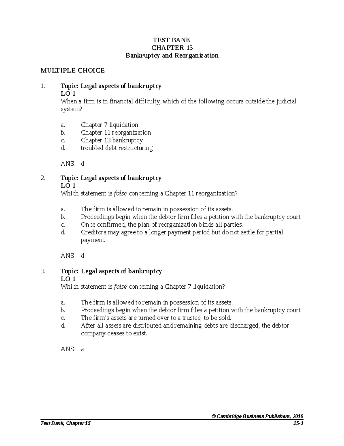 Docx Financial management FNAN3015 - TEST BANK CHAPTER 15 Bankruptcy ...