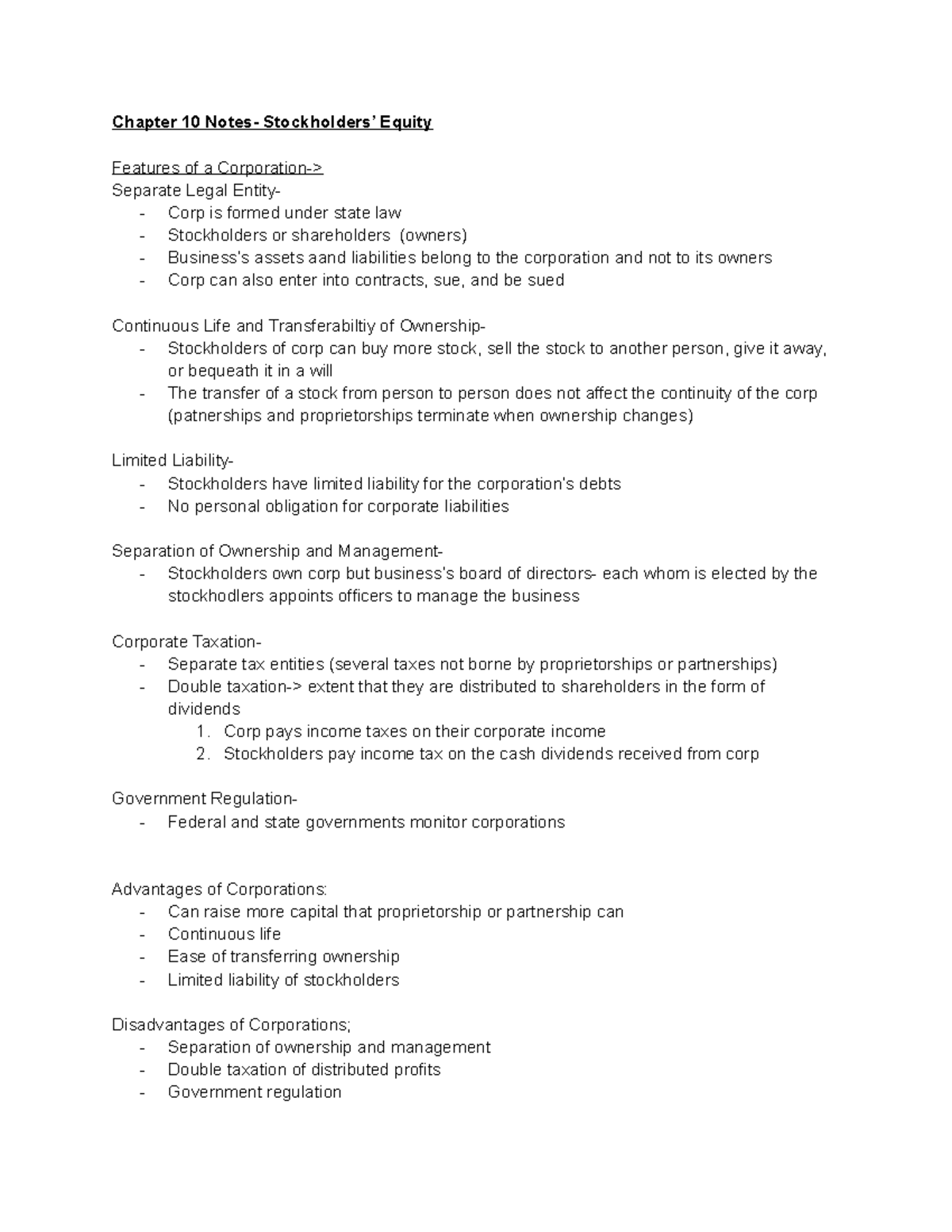 Chapter 10 Notes - Chapter 10 Notes- Stockholders’ Equity Features of a ...
