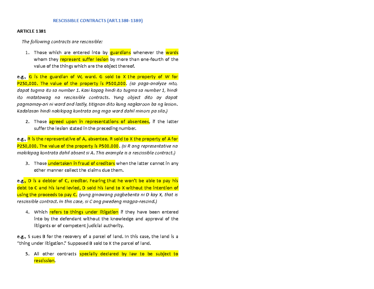 Rescissible Contracts - RESCISSIBLE CONTRACTS (ART-1389) ARTICLE 1381 ...