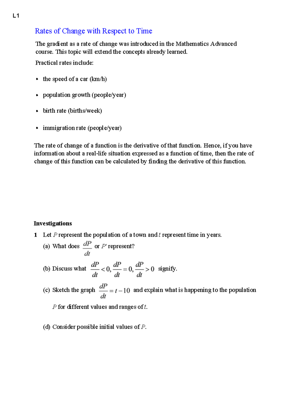Rates of Change with Respect to Time - This topic will extend the ...
