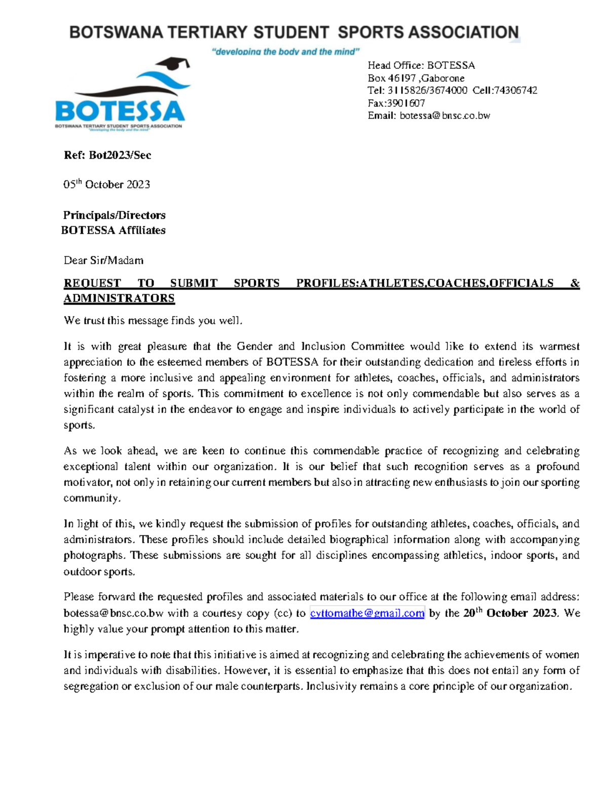 Gender AND Inclusion Letter - Ref: Bot2023/Sec 05 th October 2023 ...