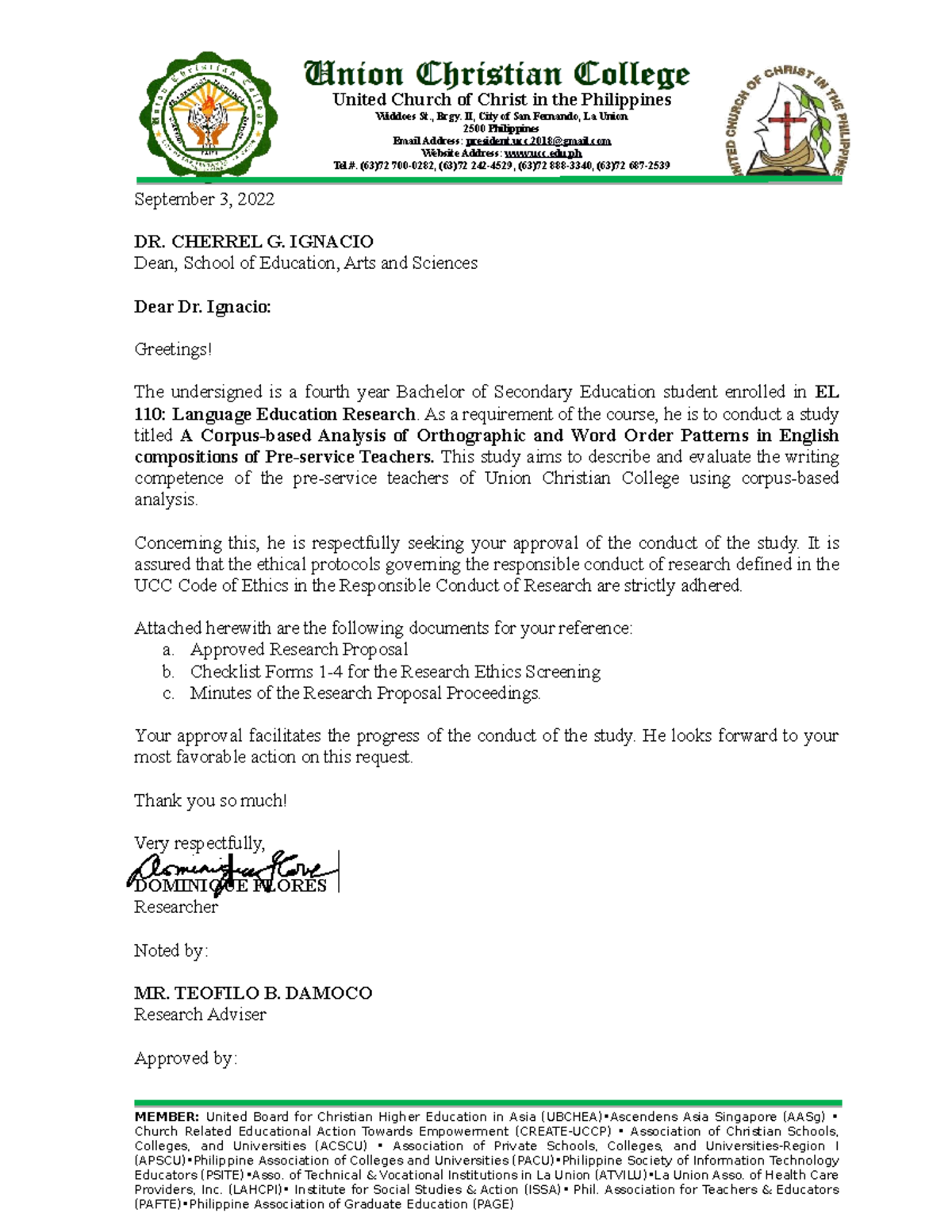 Letter to dean - Essay - September 3, 2022 DR. CHERREL G. IGNACIO Dean ...