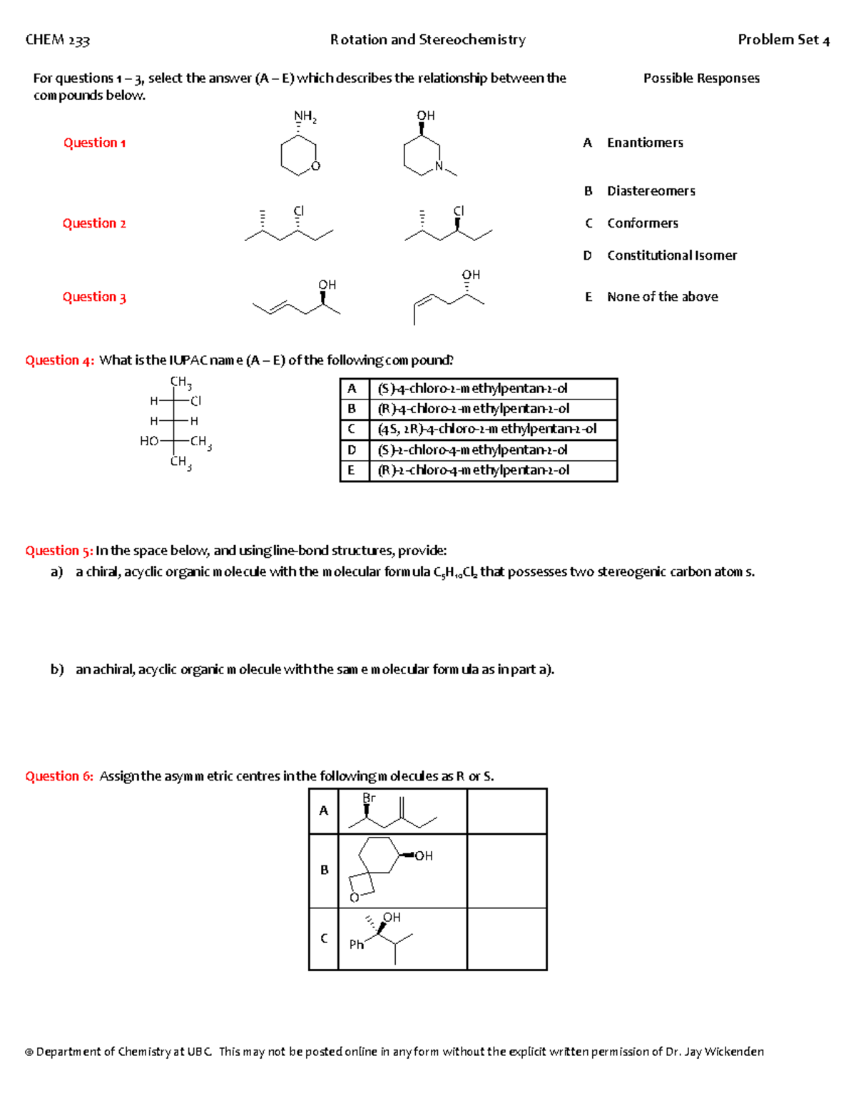PS 04 - Rotation and Stereochem - CHEM 233 Rotation and Stereochemistry ...