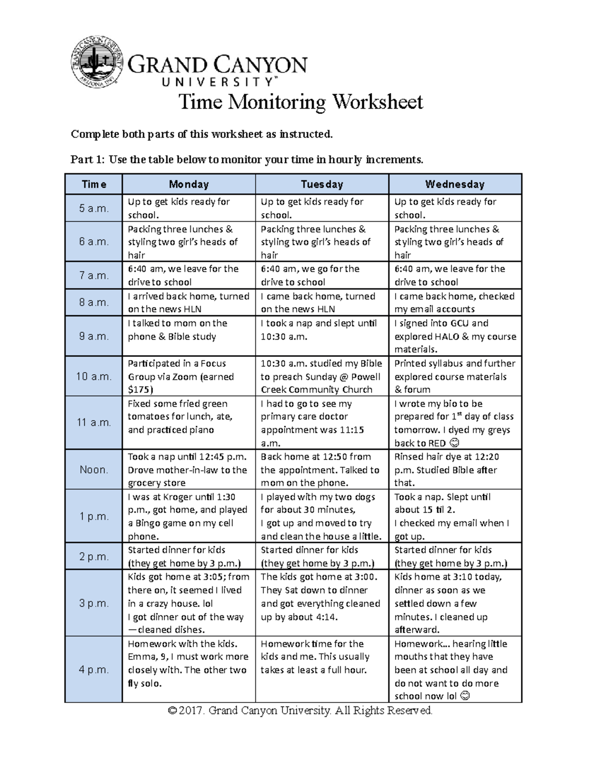 UNV502 - Time Management Worksheet Assignment - Time Monitoring ...