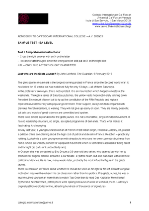 Sample test BA level 2019-20 - Università Ca’ Foscari Venezia Isola di ...