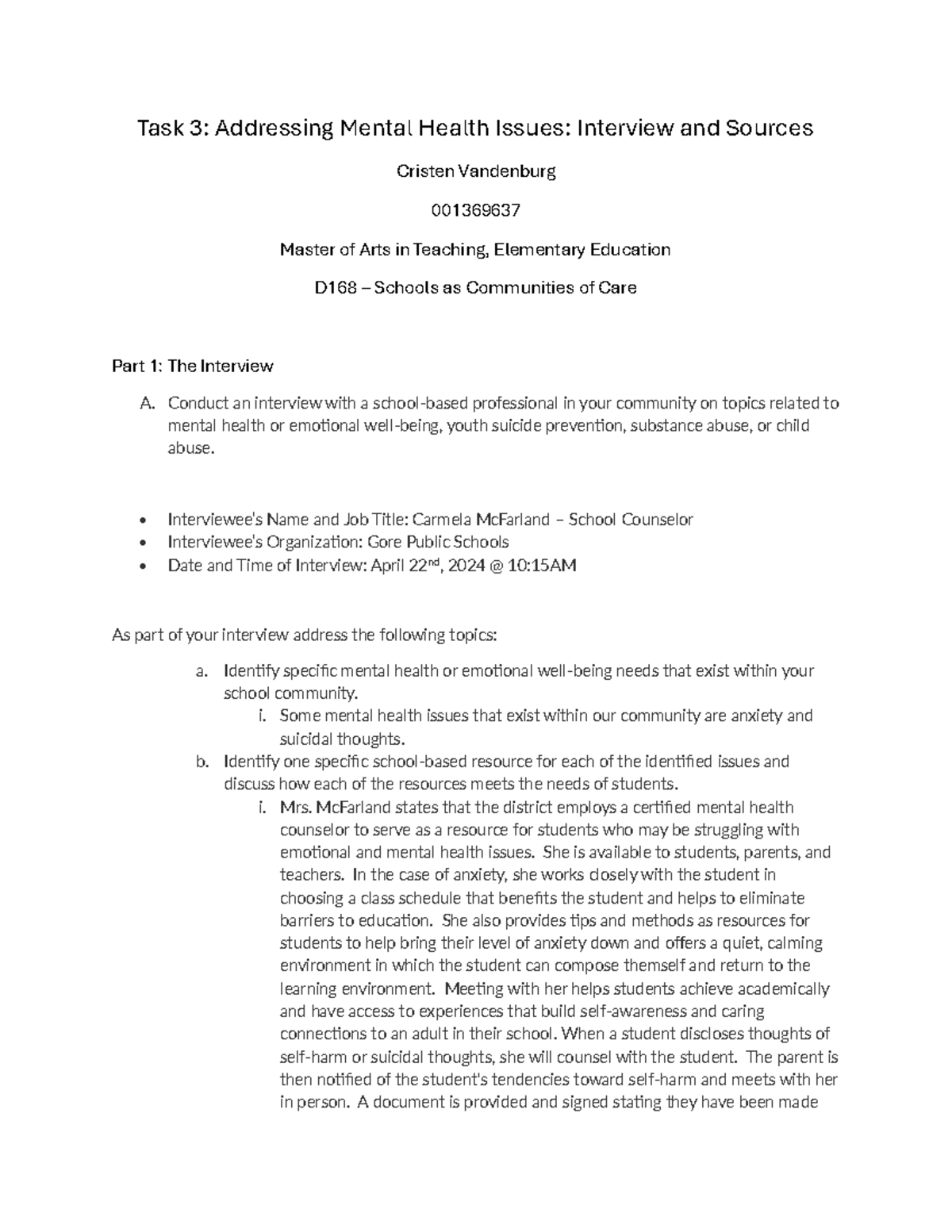 Task 3 - Addressing Mental Health - Conduct an interview with a school ...