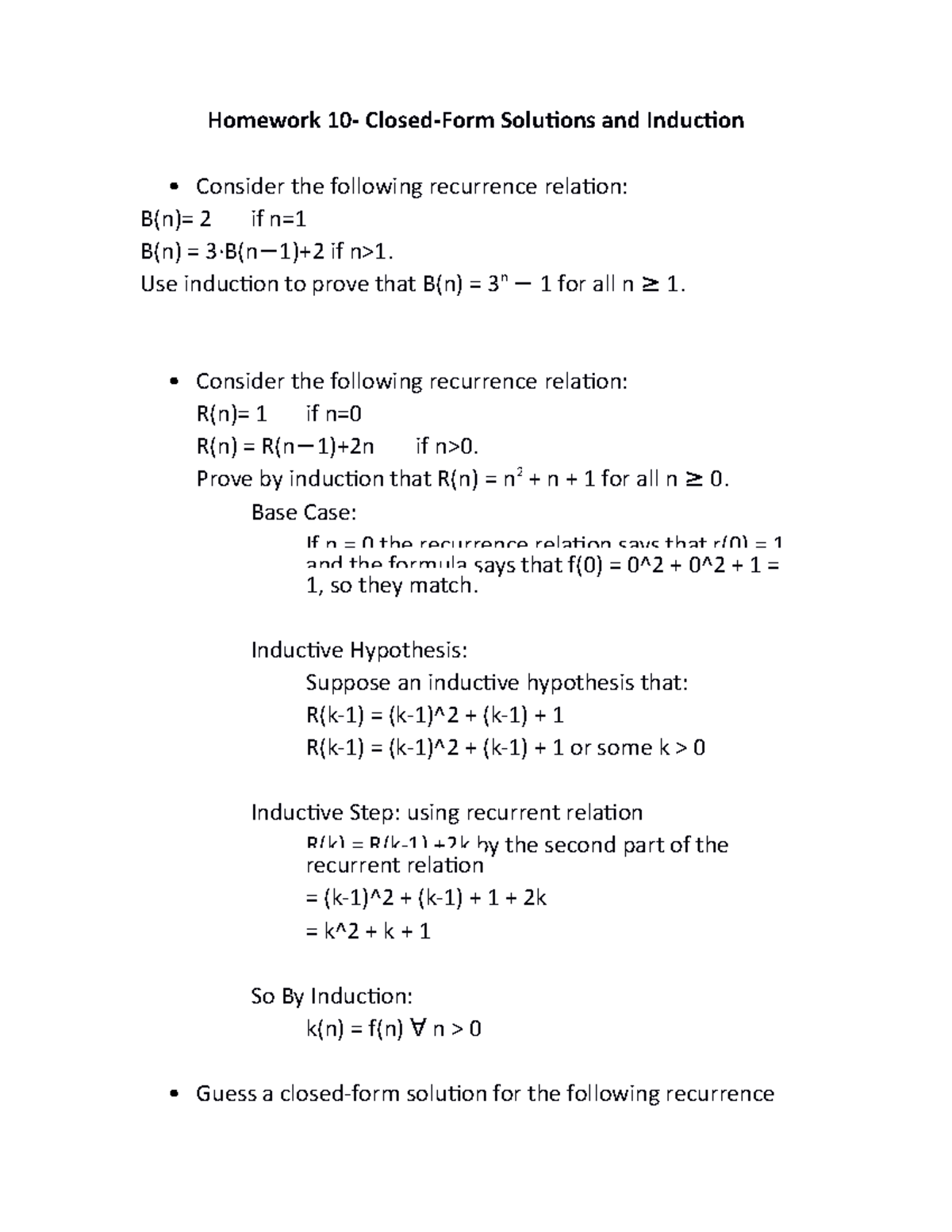 Homework 10 Homework 10 Closed Form Solutions And Induction Consider