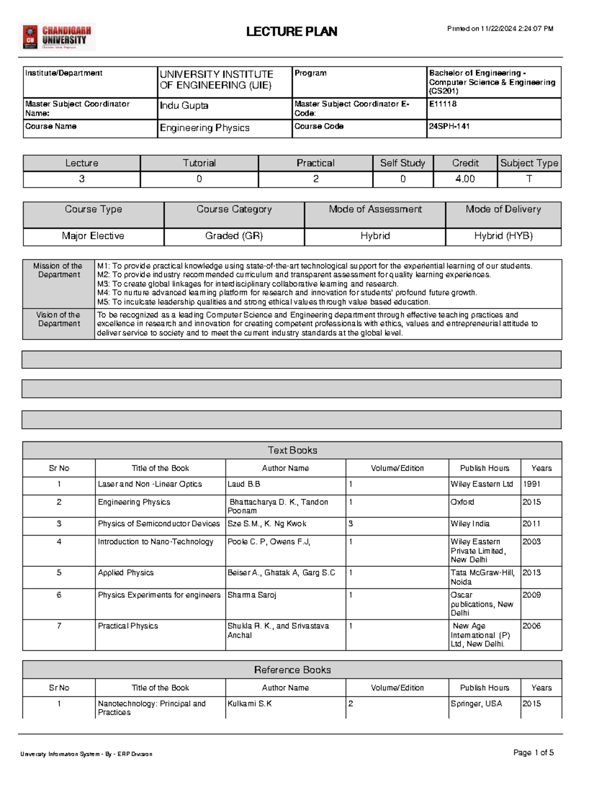 Lecture Plan CS201 24SPH-141 - Text Books Sr No Title of the Book ...