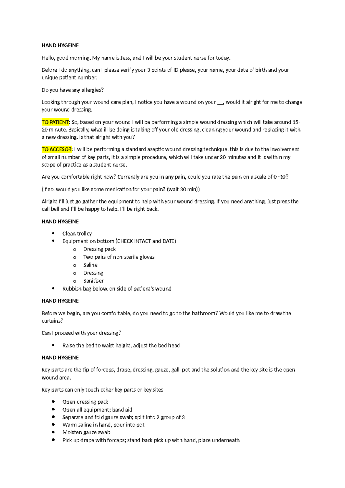 Draft speech for student nurse - Woundcare practical assessment - HAND ...