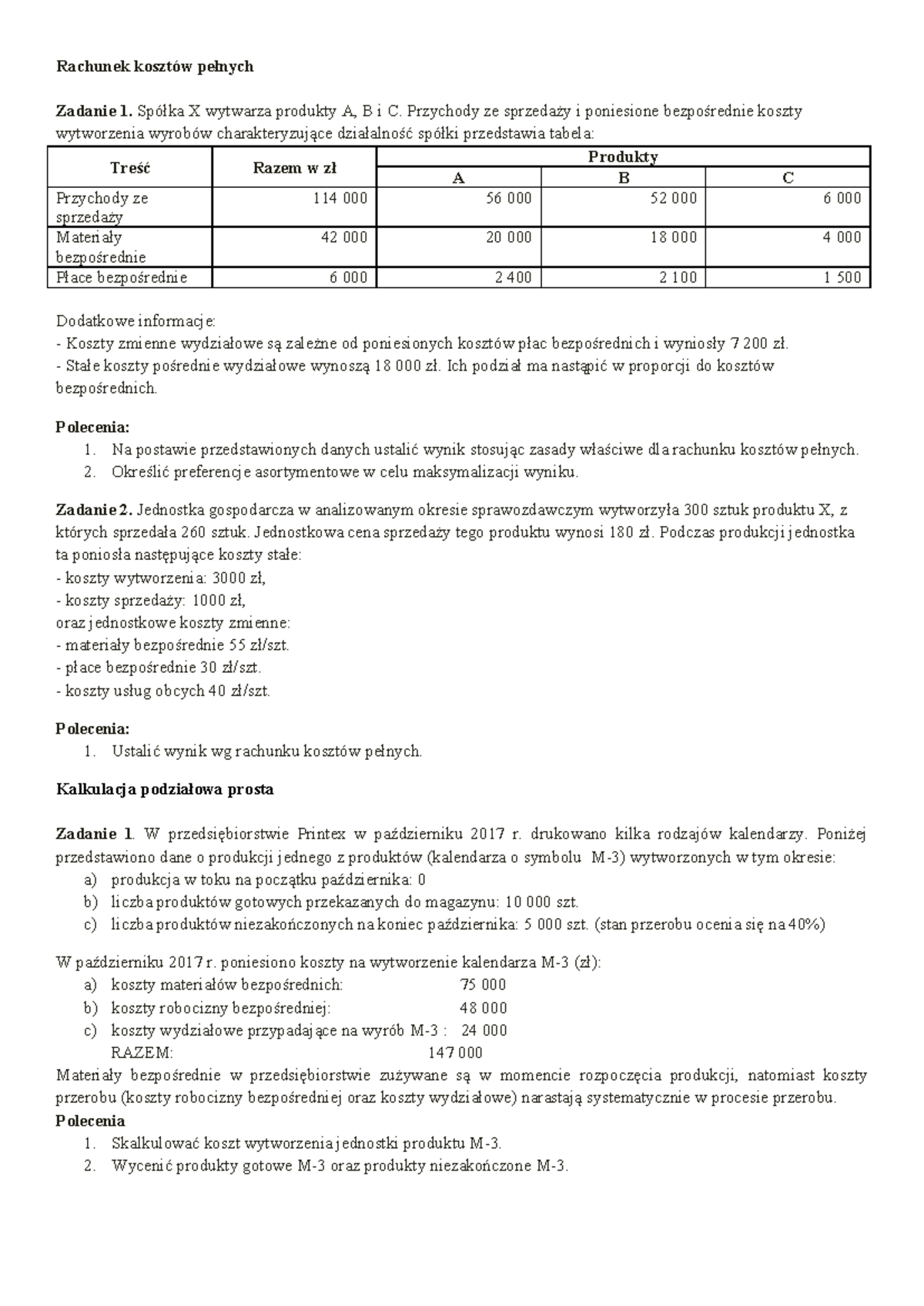 1. Rachunek kosztów pełnych, kalkulacje - Rachunek kosztów pełnych ...