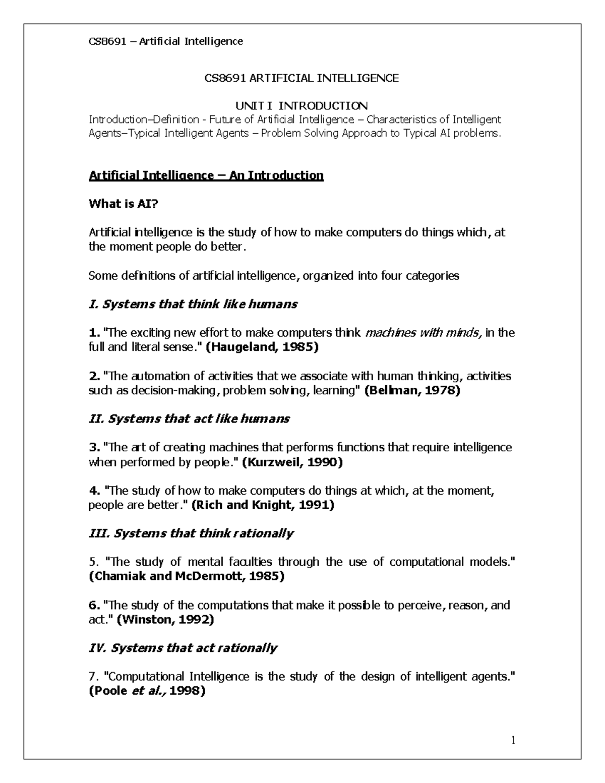 AI UNIT1 - cse - CS8691 ARTIFICIAL INTELLIGENCE UNIT I INTRODUCTION Introduction–Definition ...