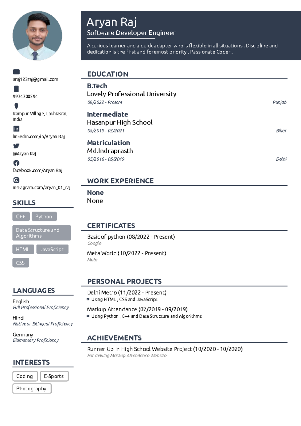 Newcv - iuhuhg - Aryan Raj Software Developer Engineer A curious learner and a quick adapter who ...