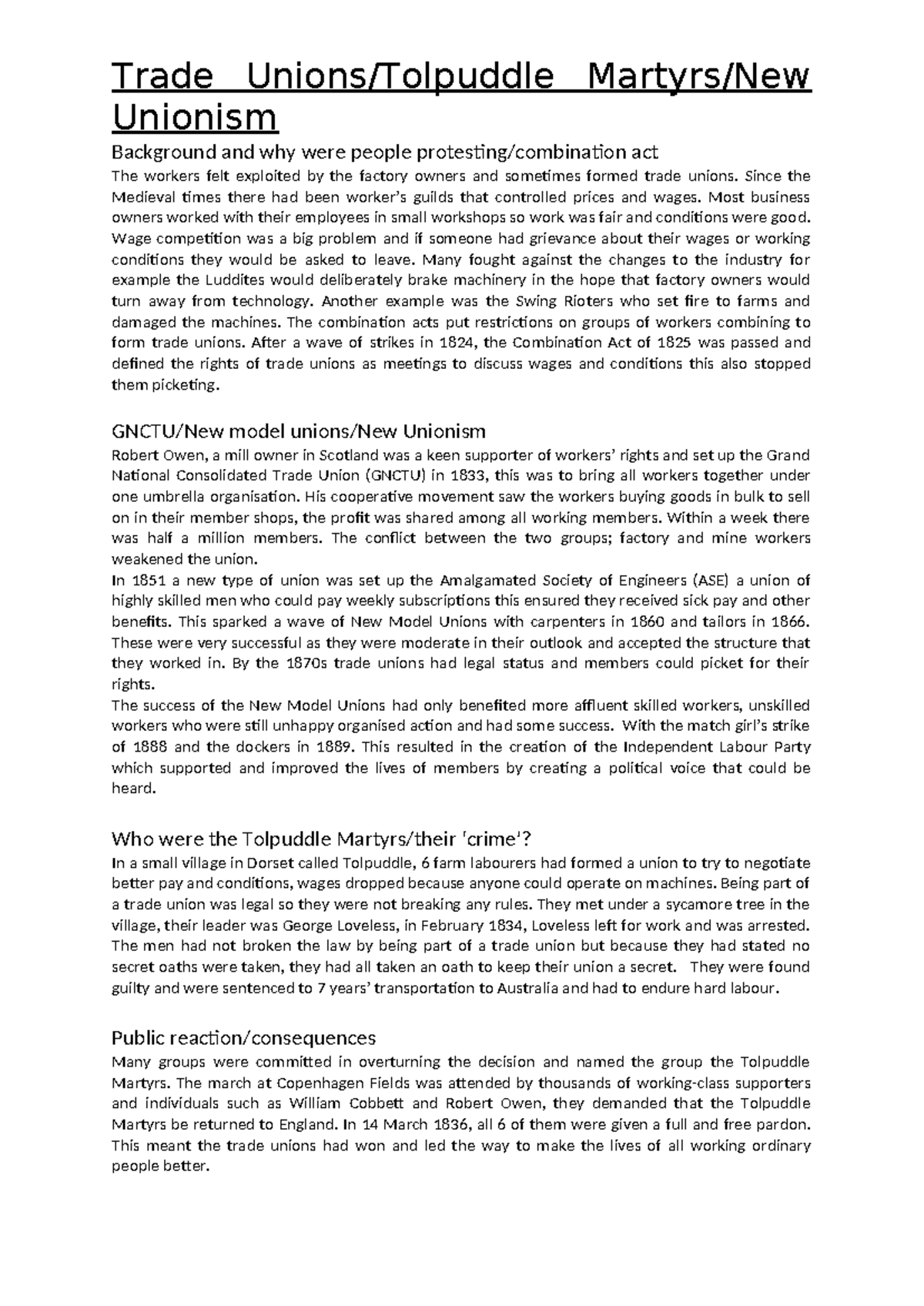 Trade Unions:Tolpuddle Martyrs:New Unionism - Trade Unions/Tolpuddle ...