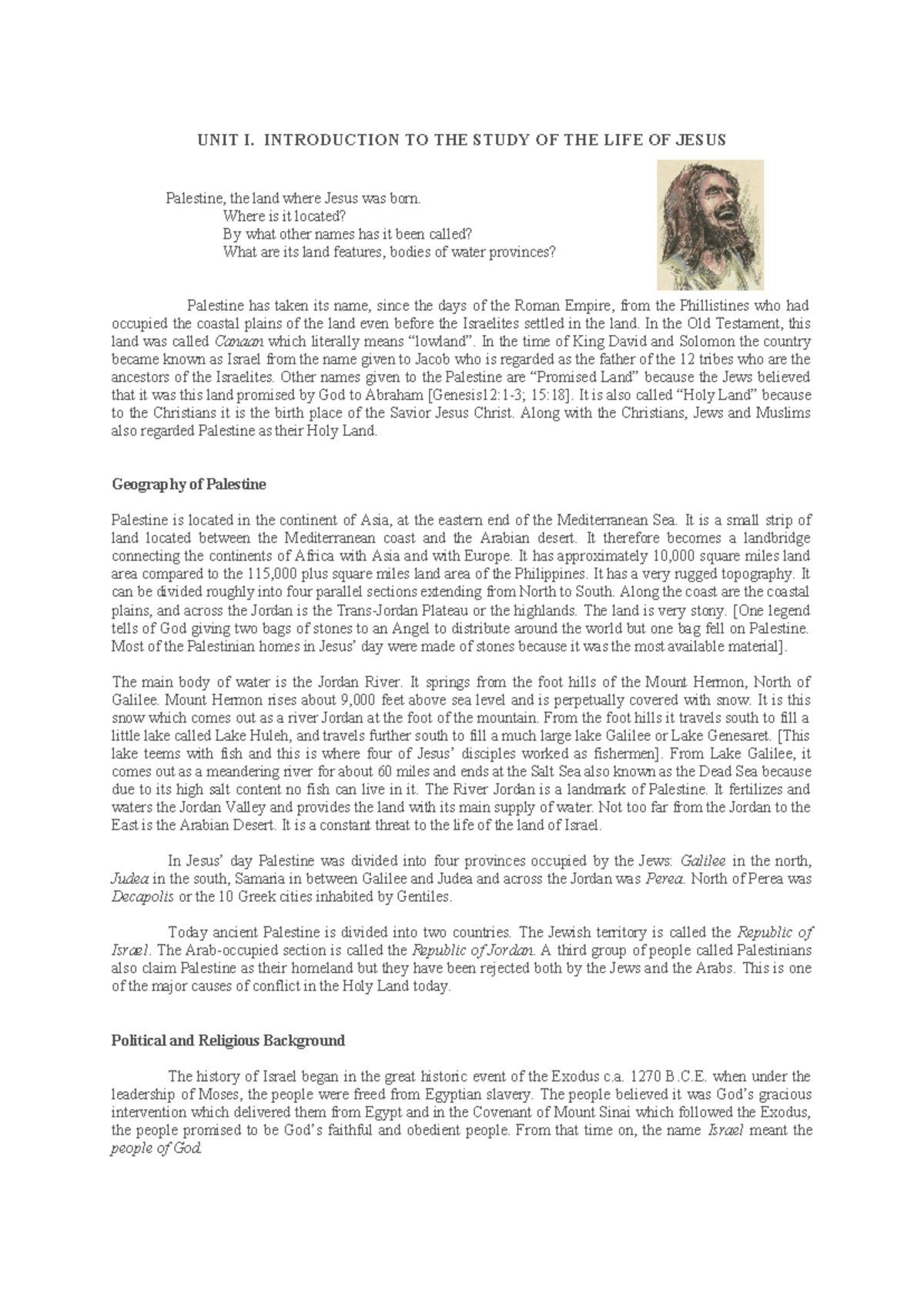 UNIT I Introduction TO THE Study OF THE LIFE OF Jesus - UNIT I. INTRODUCTION TO THE STUDY OF THE ...