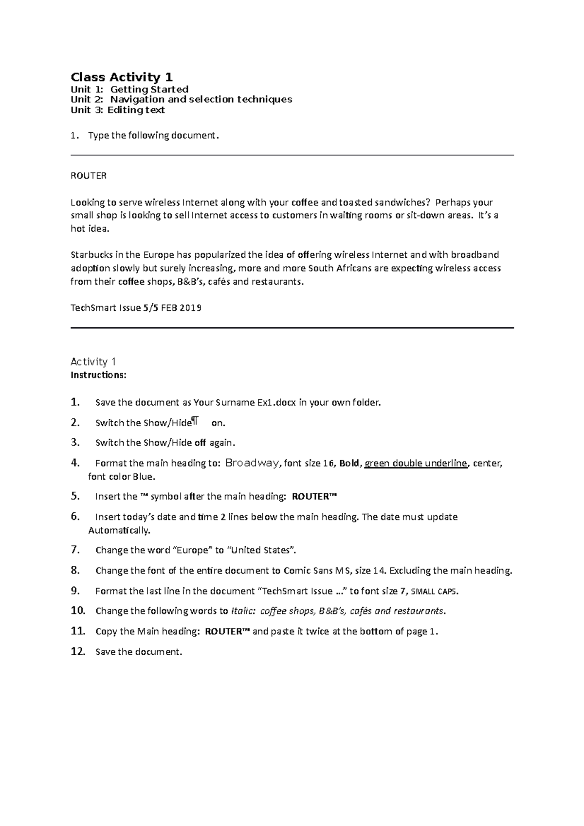 Activity 1 microsoft word activity 1, working with computers - Class ...