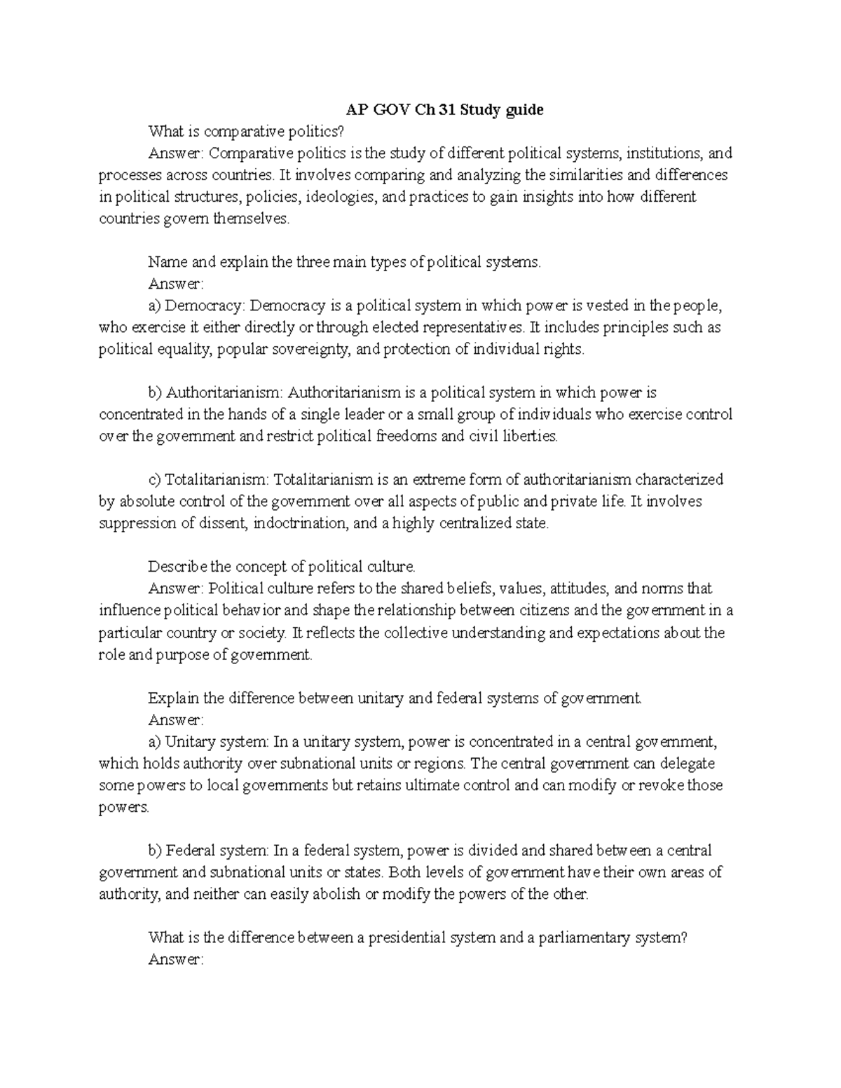 AP GOV Ch 31 Study guide - AP GOV Ch 31 Study guide What is comparative ...