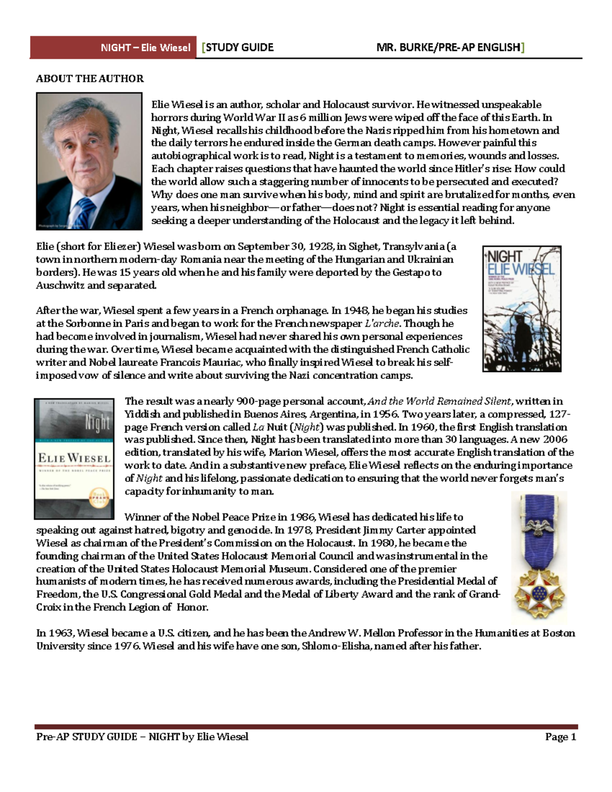 Night reading-study guide - ABOUT THE AUTHOR Elie Wiesel is an author ...