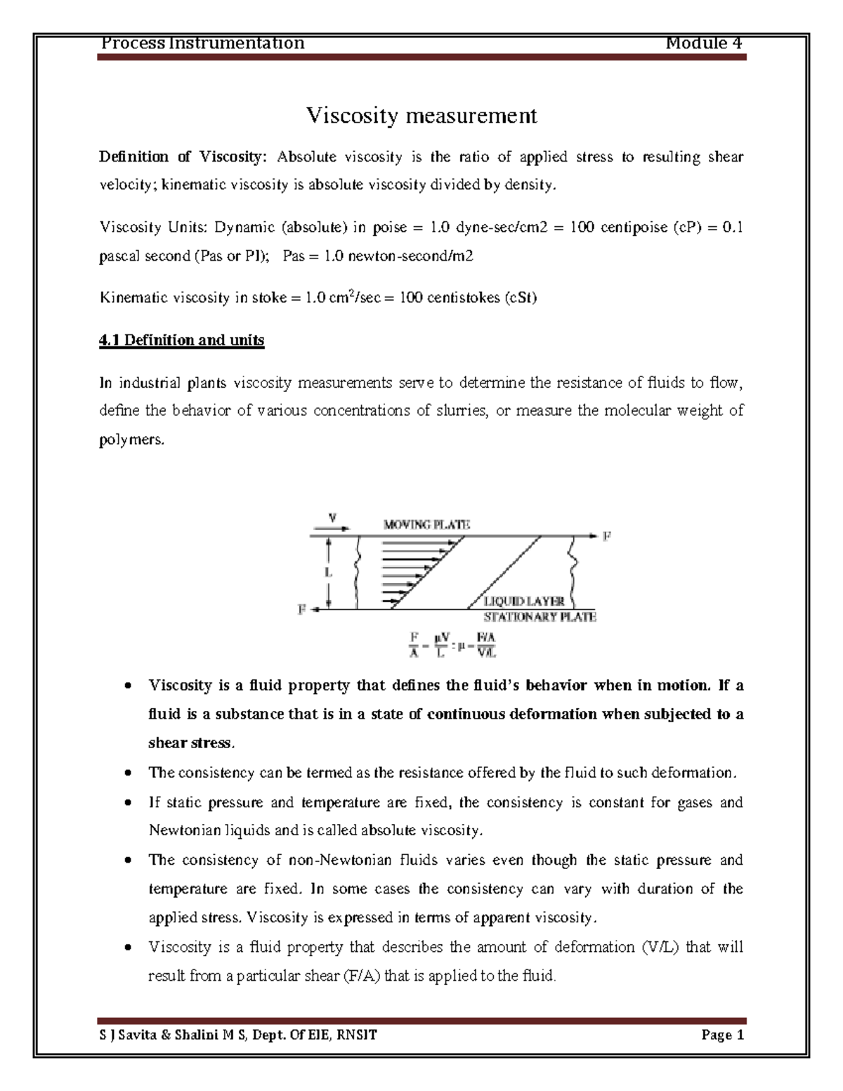 Module 4 processs instrumentation - Viscosity measurement Definition of Viscosity: Absolute ...