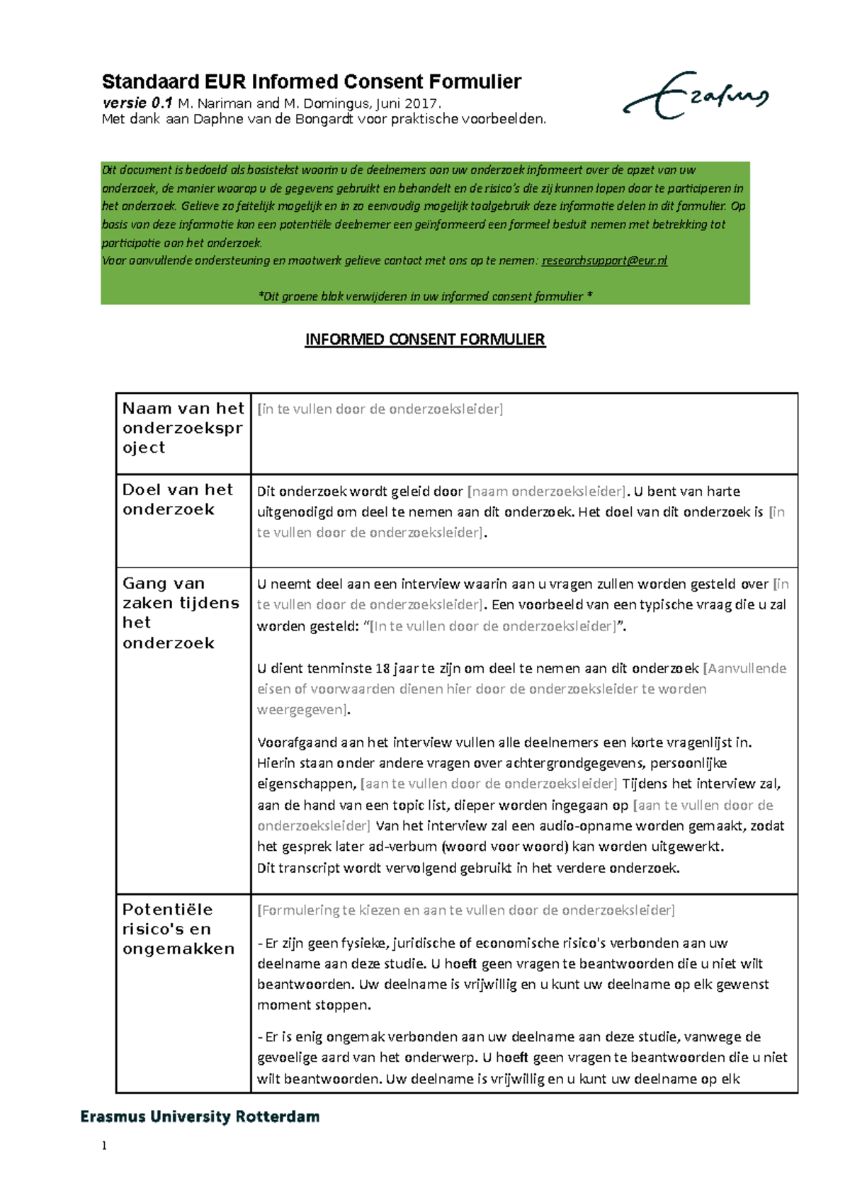 Standaard EUR Informed Consent Formulier template v.0 - versie 0 M ...