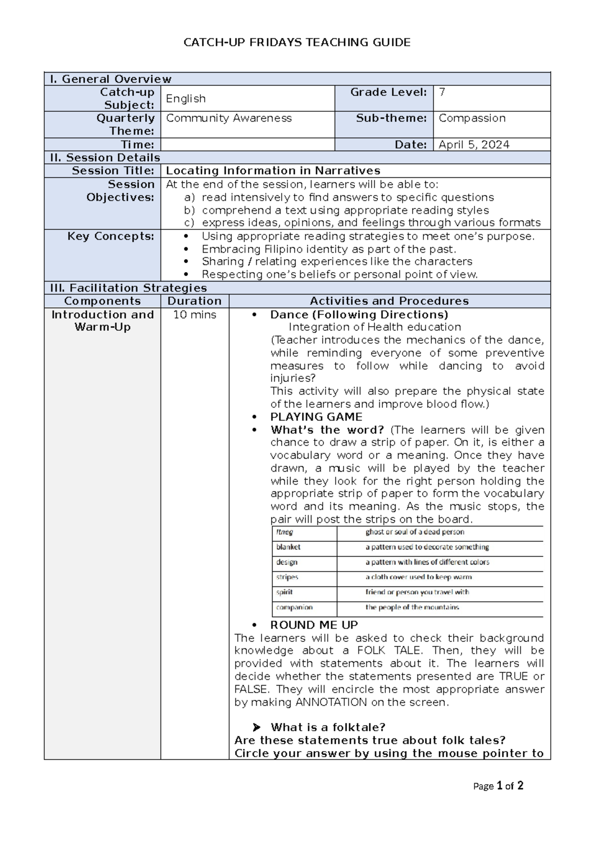 Quarter 4 Friday 1 - CATCH-UP FRIDAYS TEACHING GUIDE I. General ...