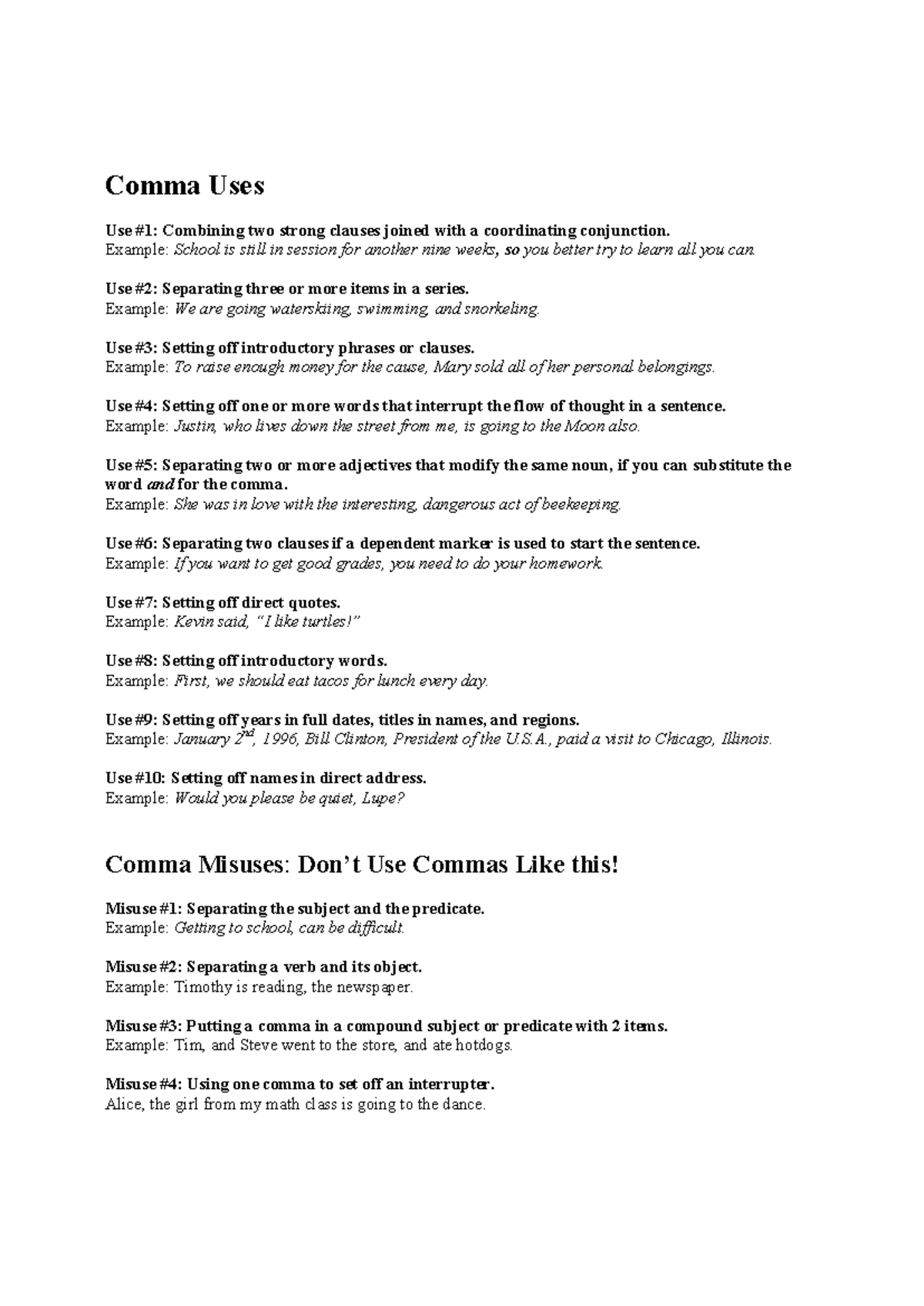 Commas uses - assignment - Comma Uses Use #1: Combining two strong ...