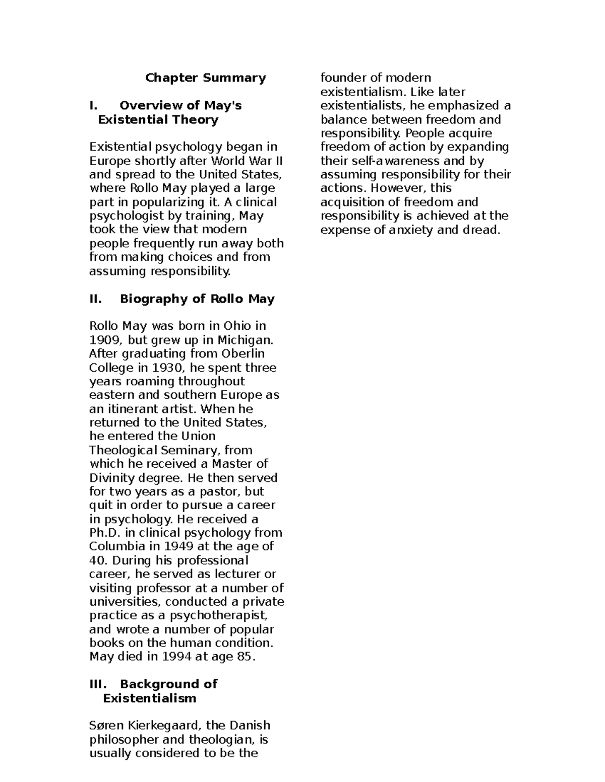 Rollo May's Existential Theory - Chapter Summary I. Overview of May's ...