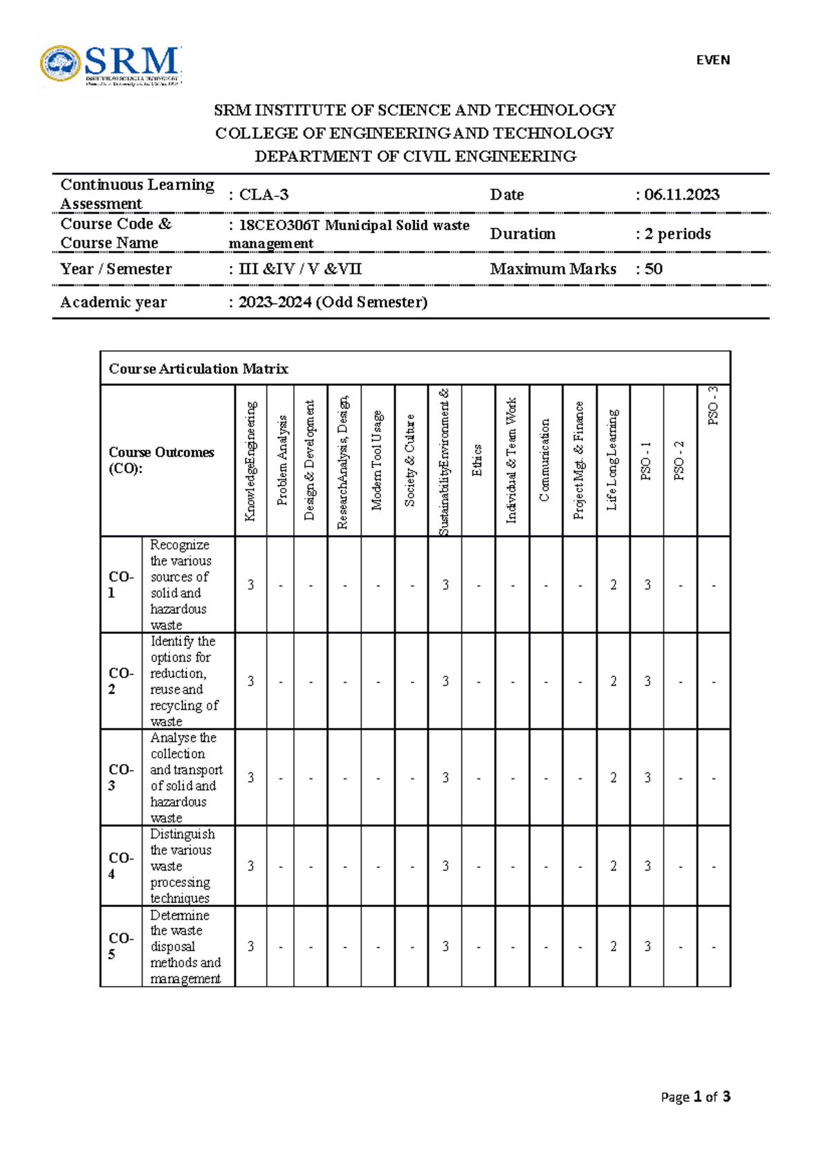 CT3 18CEO306T MSWM EVEN-06.11.23 QP - EVEN SRM INSTITUTE OF SCIENCE AND ...