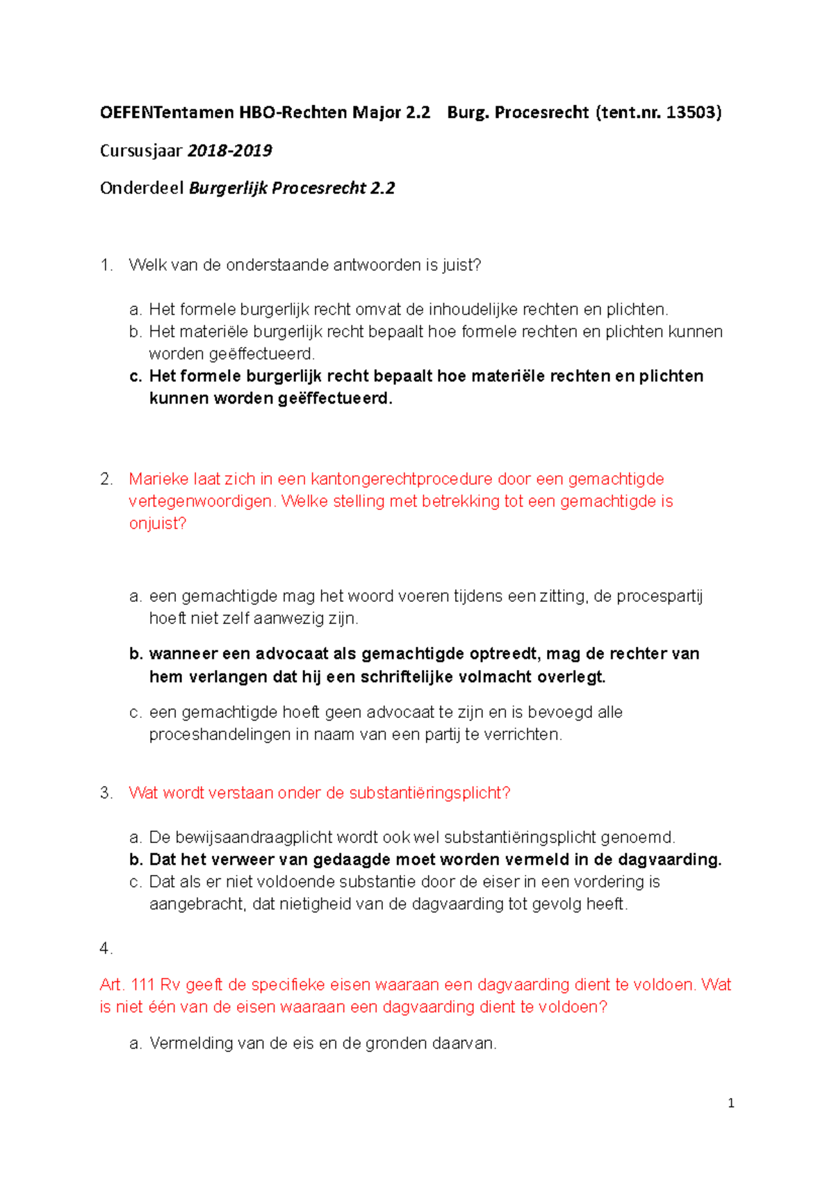 Proef/oefen tentamen, vragen en antwoorden - OEFENTentamen HBO-Rechten Major 2 Burg. Procesrecht ...
