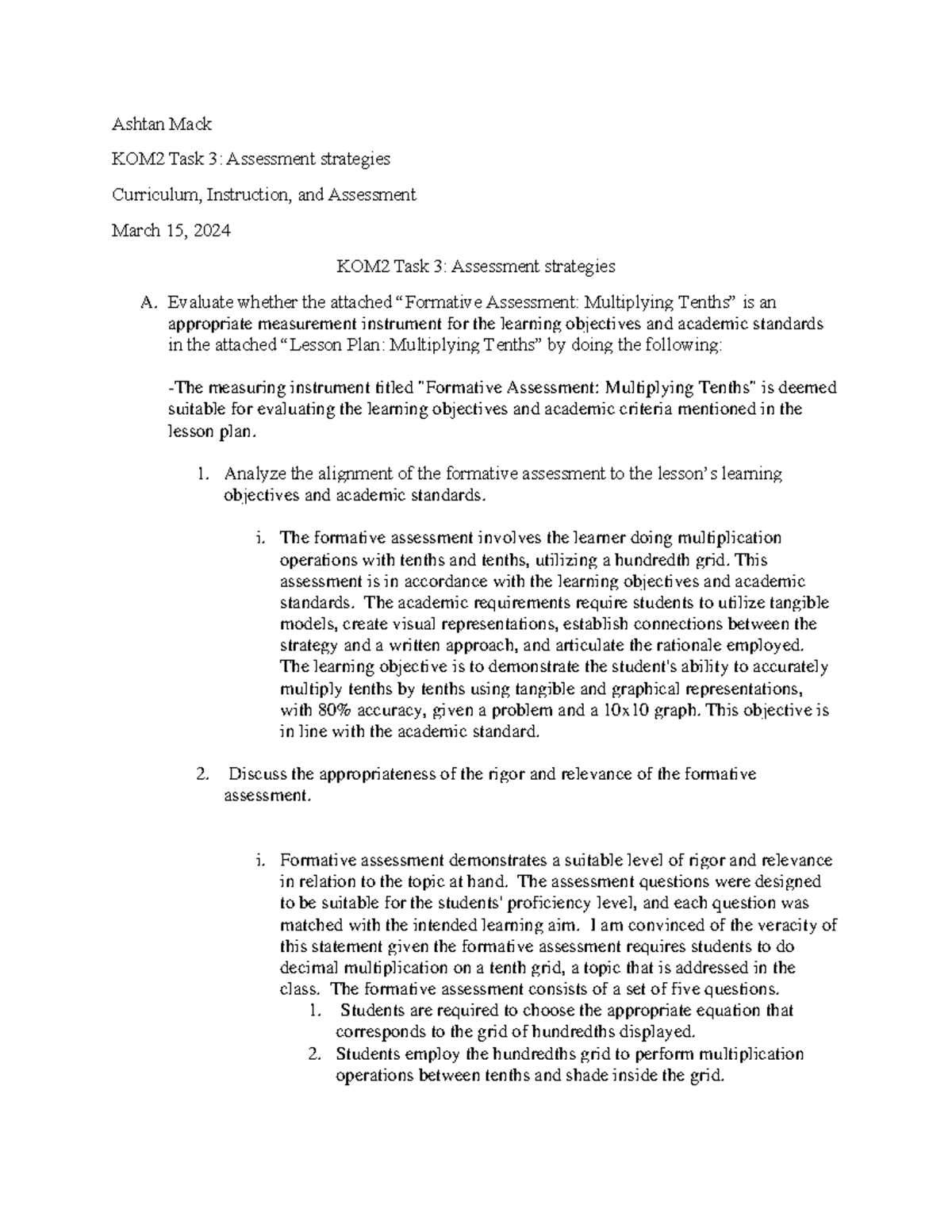 KOM2 Task 3 Assessment strategies - Ashtan Mack KOM2 Task 3: Assessment ...