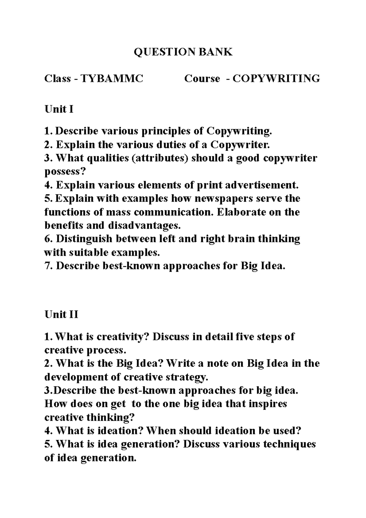 Question bank Copywriting Tybammc 23-24 - QUESTION BANK Class - TYBAMMC ...